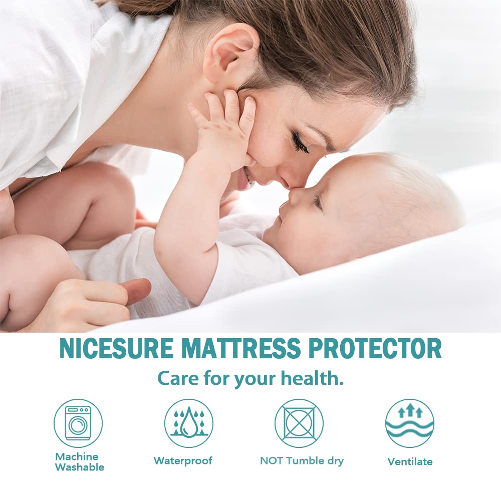 Nicesure Crib Fitted Sheets Waterproof Mattress Protector 12'' Deep Bottom Sheets Mattress Pad Cover Noiseless Soft Breathable Washable Mattress Topper for Kids Pets Adults, 28'' x 52'', White
