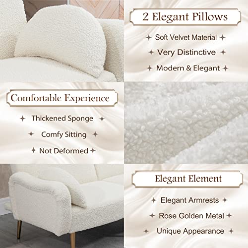 Modern Velvet Futon Sofa Bed, Convertible Loveseat with 2 Crescent-shaped Pillows, Small Sleeper Sofa with 3 Adjustable Positions, Upholstered Living Room Couch with 7 Metal Tapered Legs, White Teddy