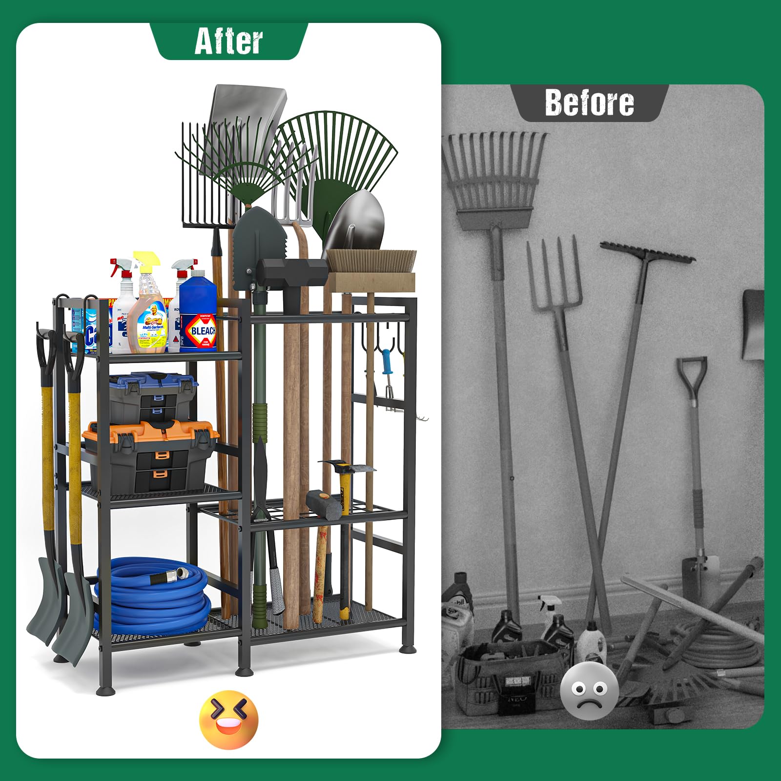 keomaisyto garden Tool Organizer for Garage Organization, 3 Tier Yard Tool Storage Rack with 35 Long-Handled Tool Slots, Heavy Duty Garden Tool Holder with Large Hooks for Shed, Yard, Garage