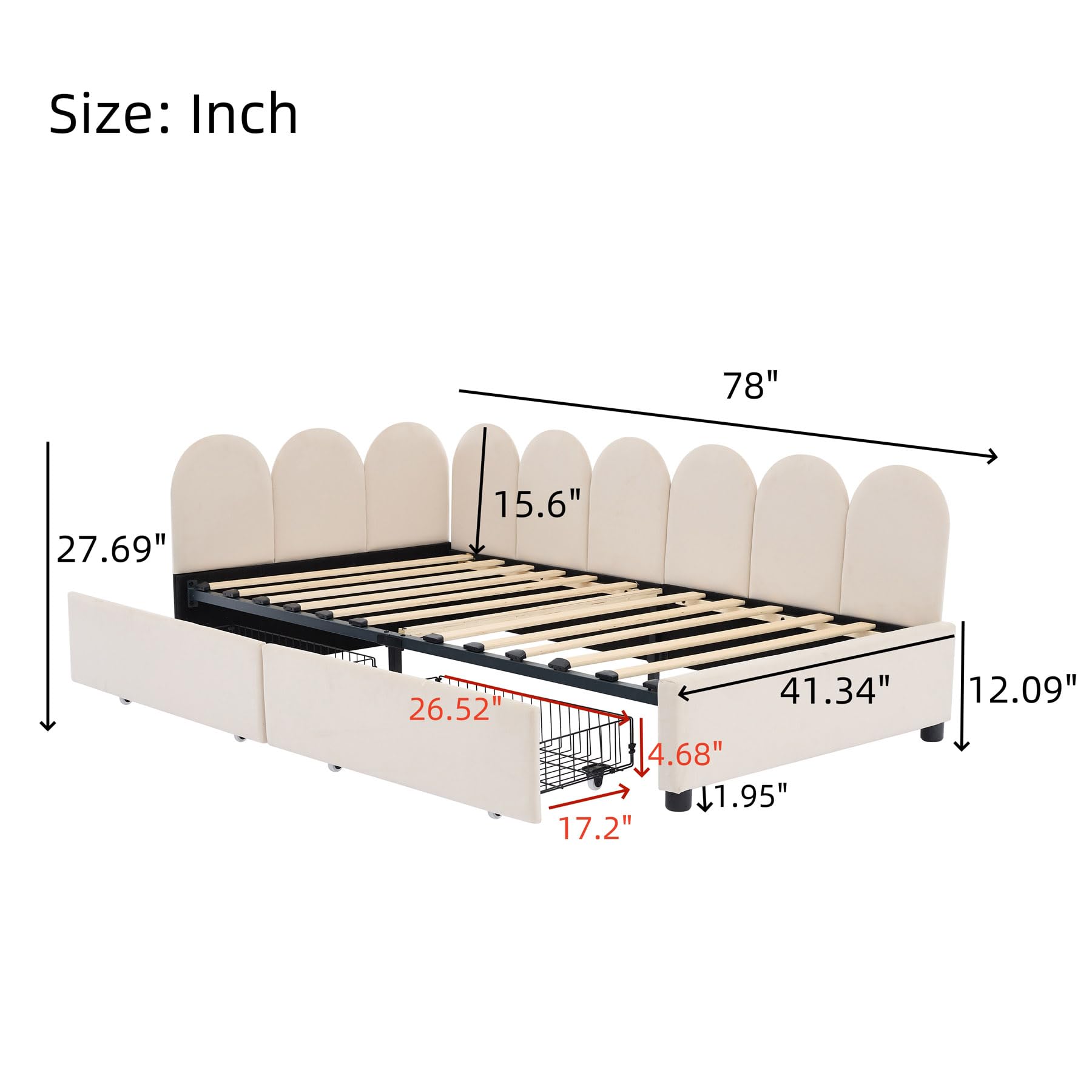 Nahenduo Twin Size Velvet Daybed with 2 Storage Drawers, Upholstered Corner Bed Frame with Arch-Shaped Headboard for Kids Girls and Boys, No Box Spring Needed (White, Twin)