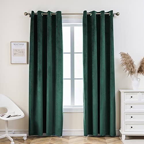 PLEASANT BOULEVARD | Velvet [2 Panels] Elegant Living Room Bedroom Window Drape Curtain, Grommet Eyelet Style (52 x 84in, Dark Green)