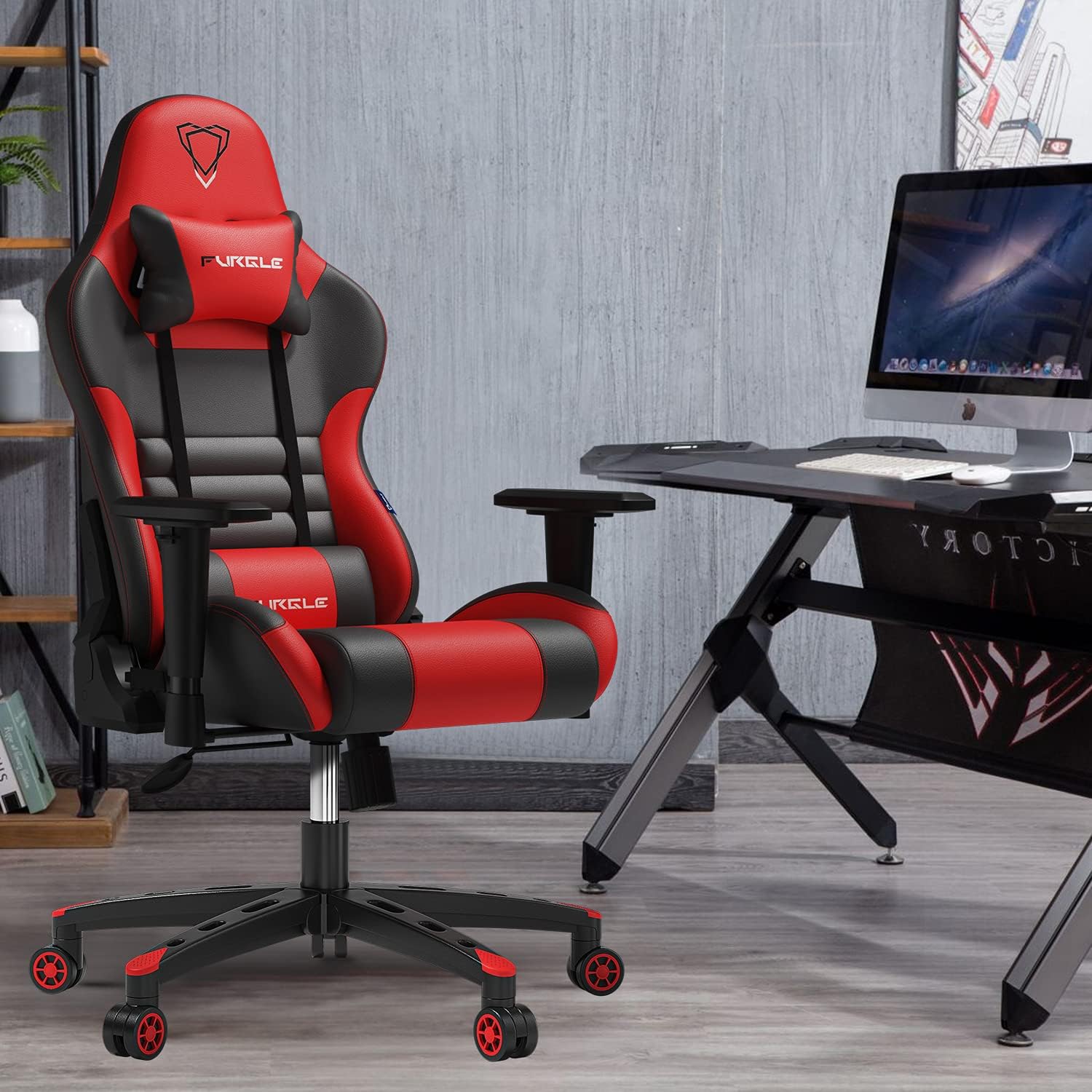Furgle Gaming Chair with Footrest, Office Ergonomic Computer Chair with Lumbar Support, Height Adjustable Video Gaming Chair with 360°-Swivel Seat and Headrest, (Pro-Black/Red)