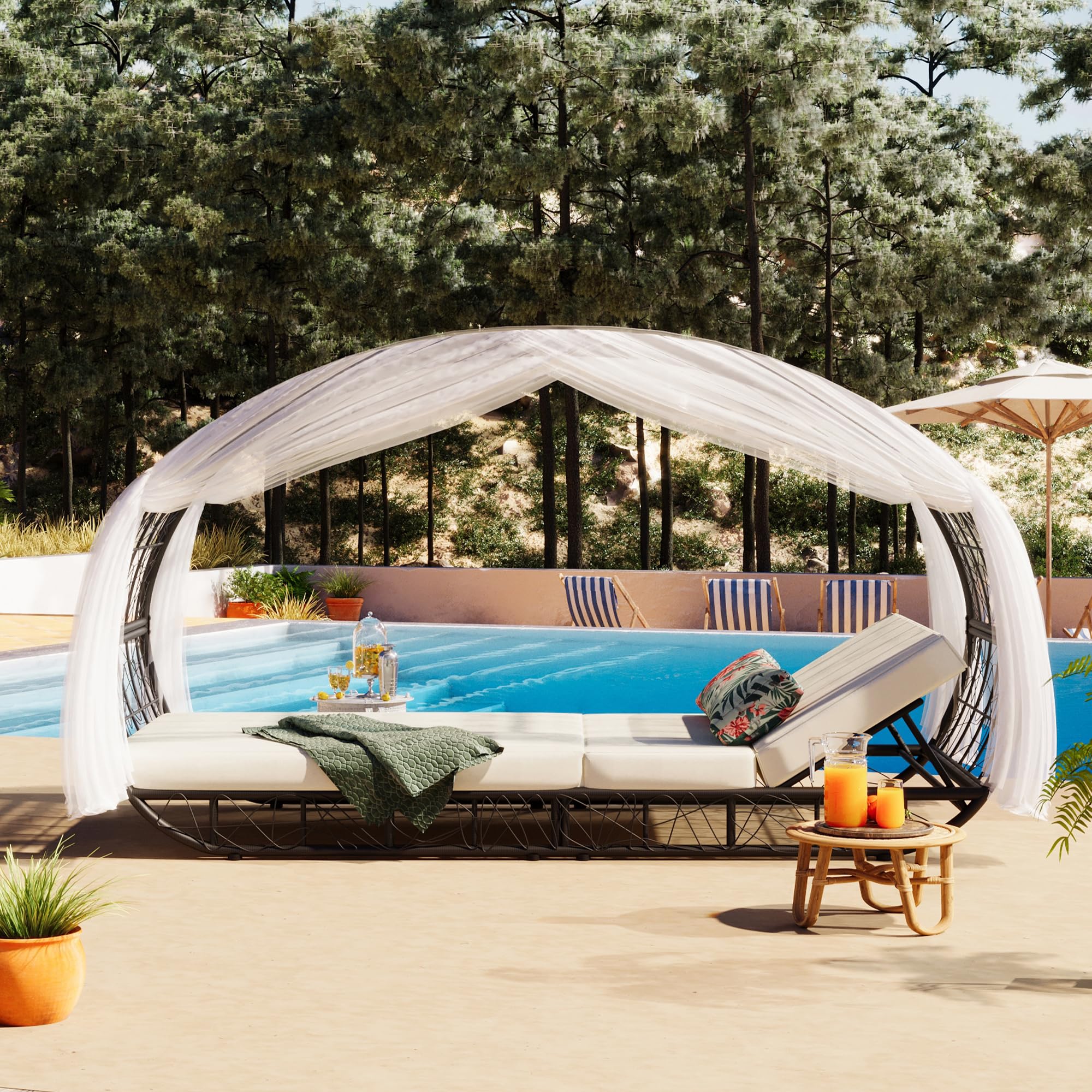 LUMISOL Outdoor Patio Daybed with Curtain, Sunbed with Cushion and Colorful Pillow, 90.55" Wicker Lounge Chairs Backrest Adjustable Recliners for Lawn Garden Poolside, Beige Cushion and Black Wicker