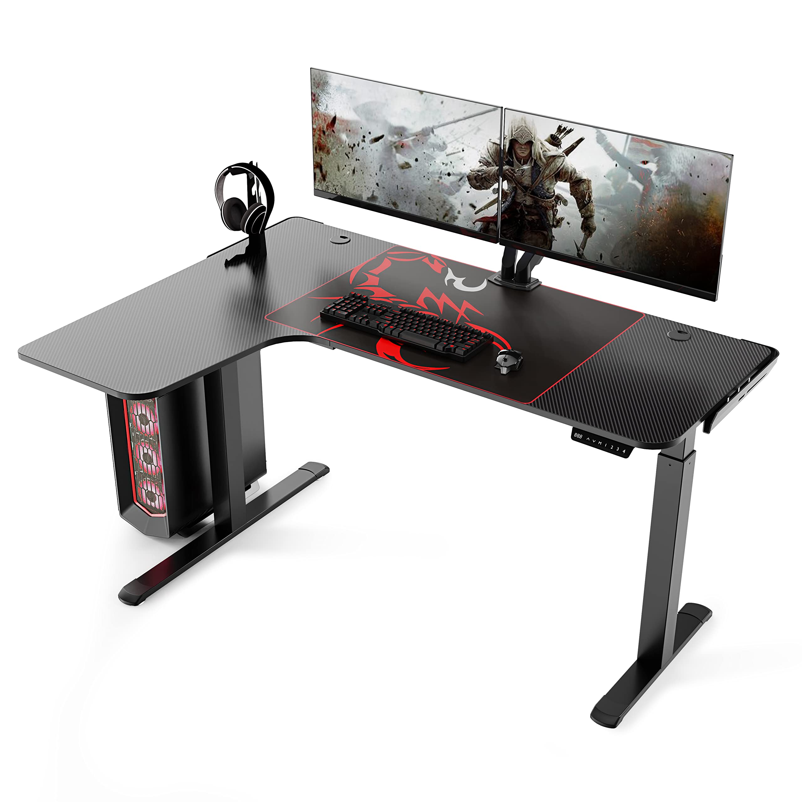 EUREKA ERGONOMIC L Shaped Standing Desk Left with Typhon Gaming Chair Red, 60 Inch Gaming Desk, Electric Height Adjustable Dual Motor, Rising Sit Stand Up Corner Desk for Computer Home Office
