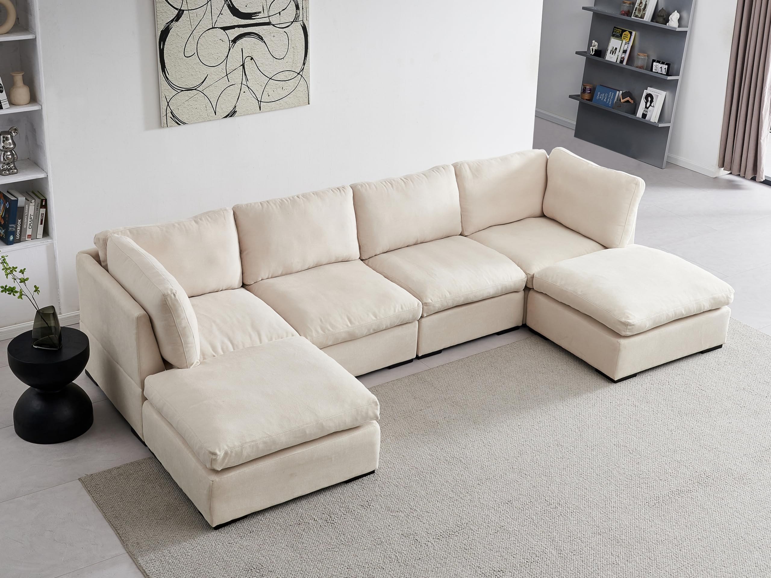 N NOORDENIYA 129'' Polyester U Shape Sectional Cloud Sofa, Oversized Modern Cloud Sectional Couch with Reversible Chaise, 6 Seater Sofa Set for Living Room, Apartment, Office. Beige