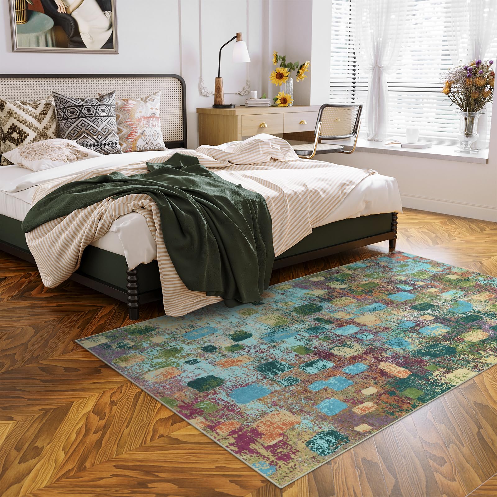 Lahome Abstract 5x7 Area Rugs, Soft Washable Rugs for Living Room Ultra-Thin Non-Slip Boho Bedroom Rug, Stain Resistant Throw Rug Foldable Carpet for Dining Room Office(5'x7', Multi)