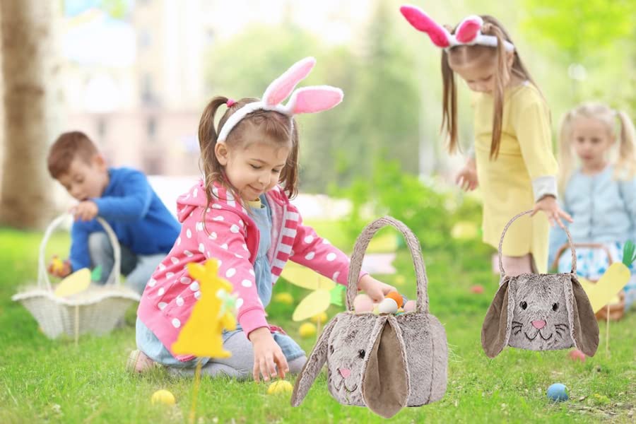 Large Easter Basket for Kids, Soft Plush Easter Basket for Girls Boys Baby, Easter Basket for Boys, Cute Giant Easter Basket, Gray Buckets Bunny Easter Egg Basket, Empty Easter Basket with Handle