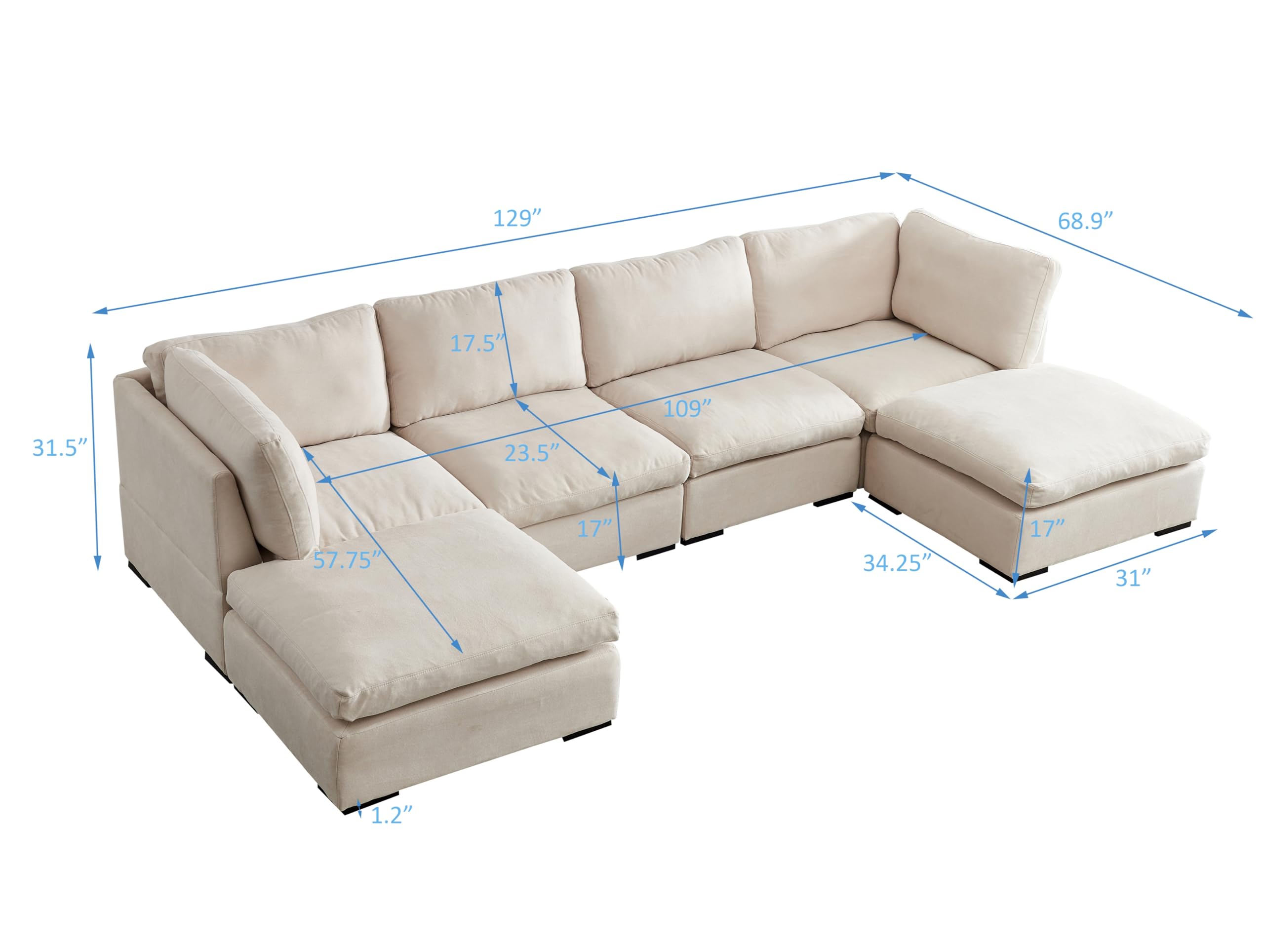 N NOORDENIYA 129'' Polyester U Shape Sectional Cloud Sofa, Oversized Modern Cloud Sectional Couch with Reversible Chaise, 6 Seater Sofa Set for Living Room, Apartment, Office. Beige