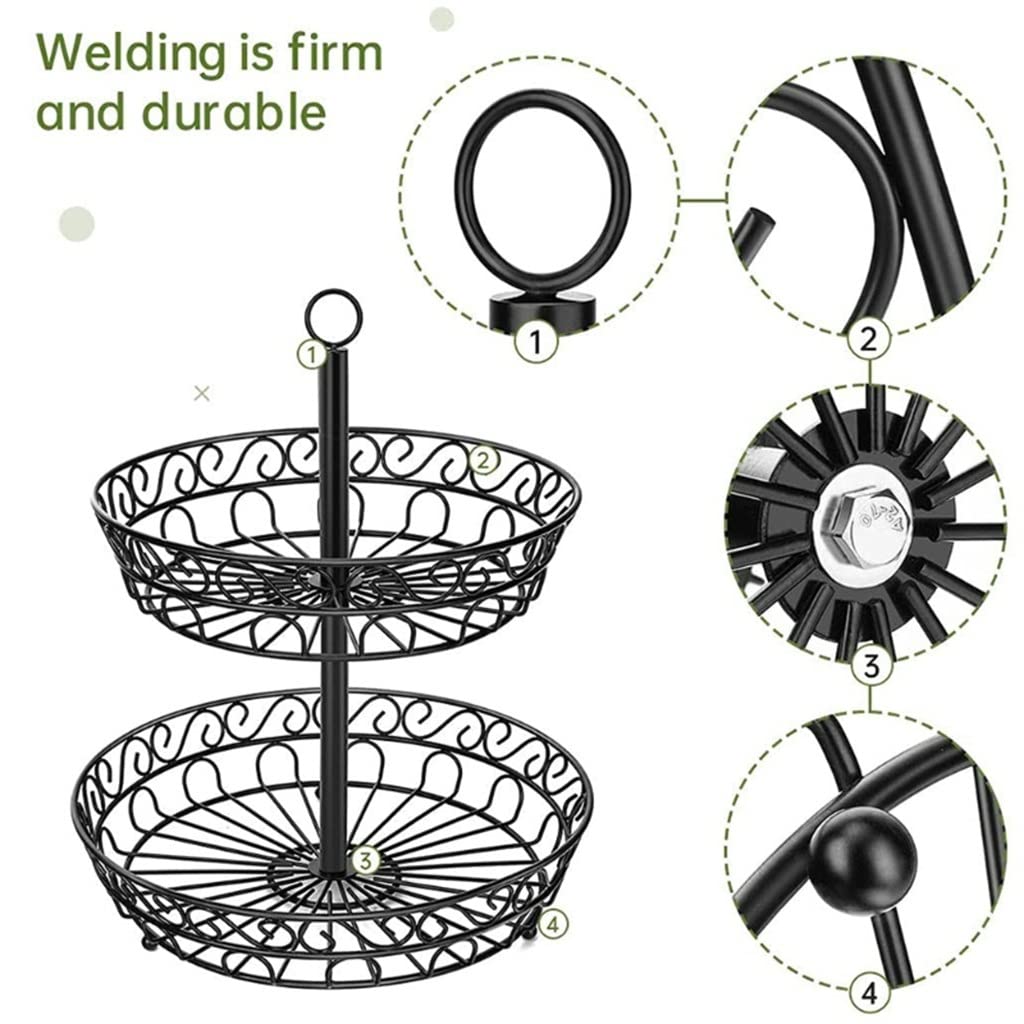 N/A 2 Tier Metal Fruit Plate Basket Detachable Countertop Vintage Hollow Out Black Tray Stand Holder
