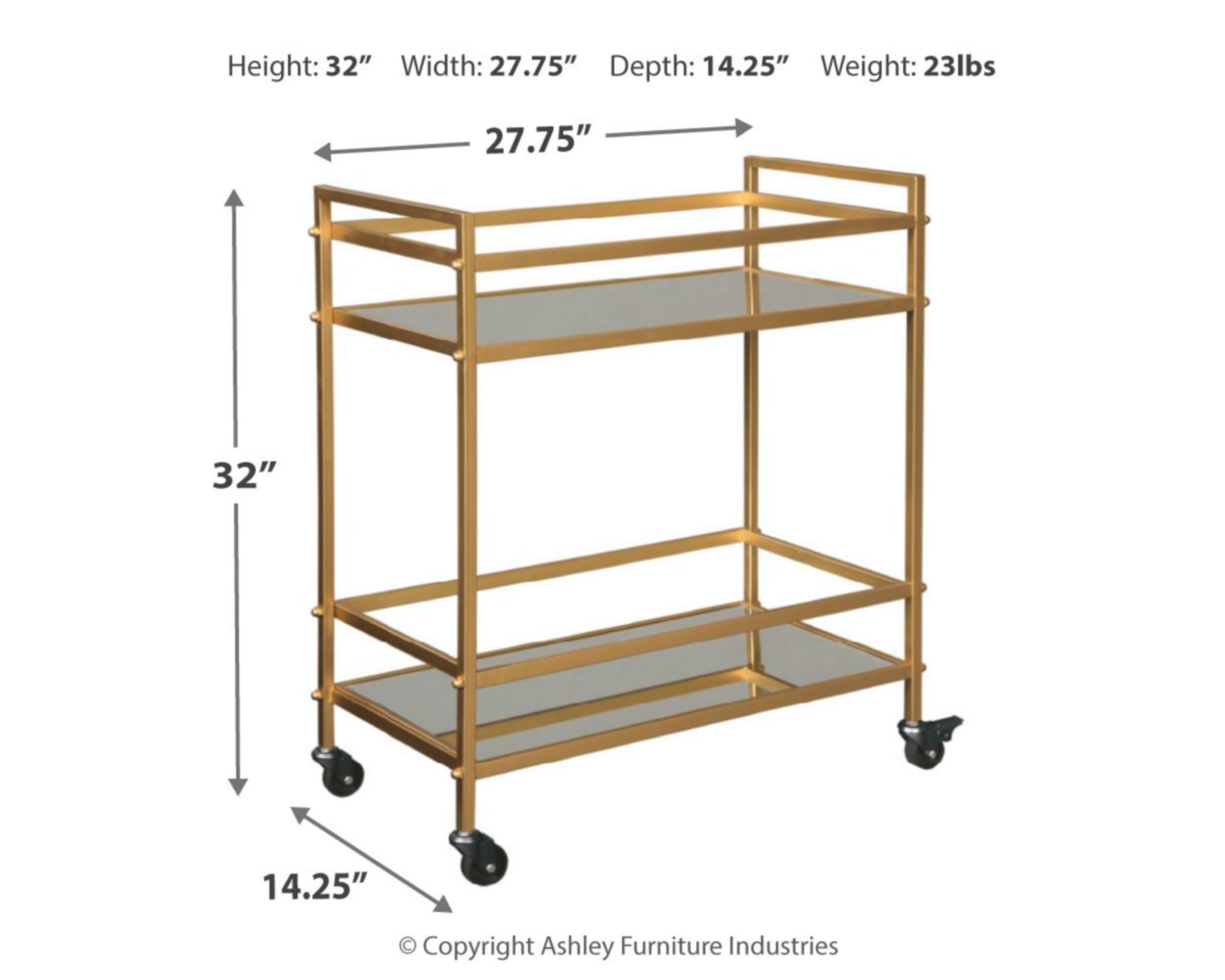 Signature Design by Ashley Kailman Modern Glam Mirrored Metal Bar Cart with Casters, 32", Gold Finish