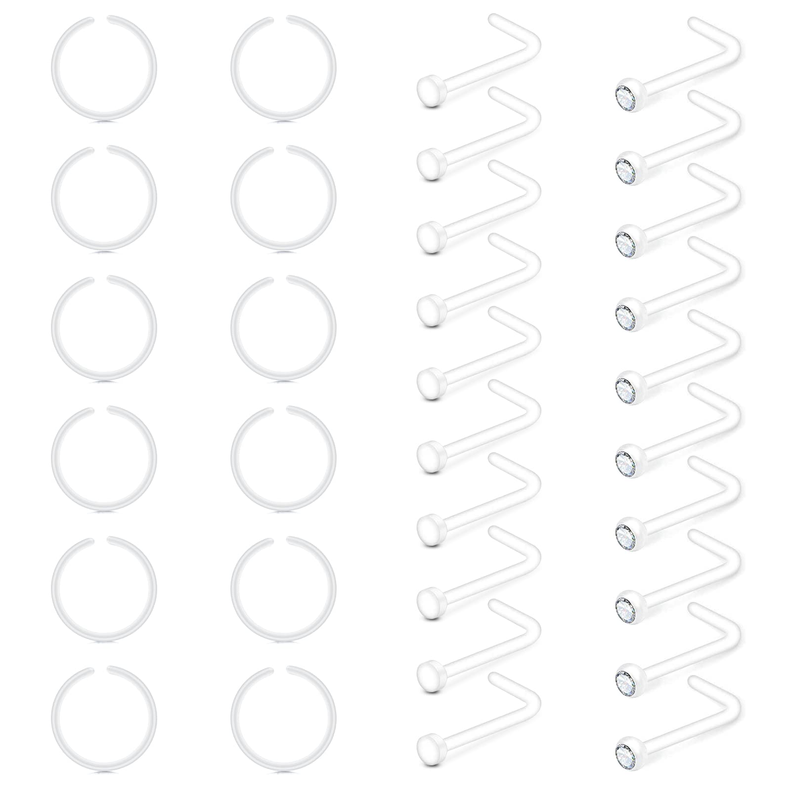 FECTAS 20g Small Clear Nose Rings Studs Retainer for Work Surgery Flexible L Shaped Nose Screw Plastic Nostril Hoops Piercing Retainers with Jewelry