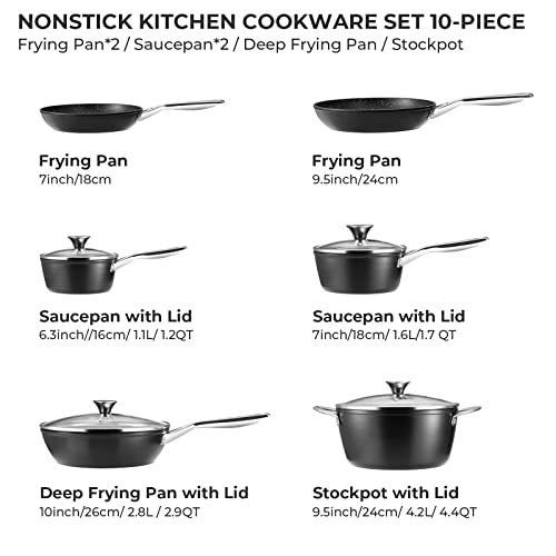 Fadware Induction Cookware Sets, Nonstick Pots and Pans Set 10 Piece, Dishwasher Safe Kitchen Cooking Pan, Includes Frying Pans, Saute Pan, Saucepans & Stockpot, Black