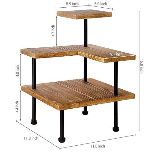 MyGift 3 Tier Rustic Burnt Wood Kitchen Countertop Corner Shelf, Counter Spice and Condiment Storage Display Rack, with Black Industrial Metal Pipe Legs