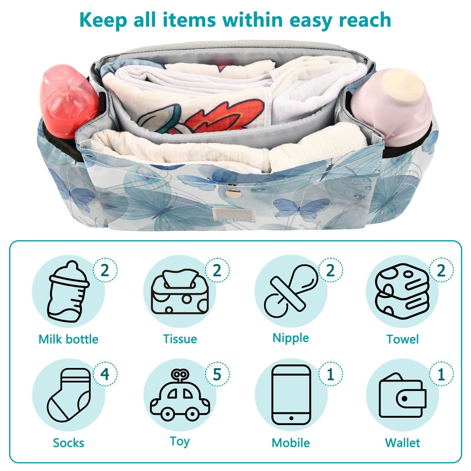 Kigai Blue Butterflies Baby Stroller Organizer with Cup Holders, Secure Hooks Accessories Adjustable Strap Stroller Bag for Bottle, Diaper, Phone, Toys, Baby Items