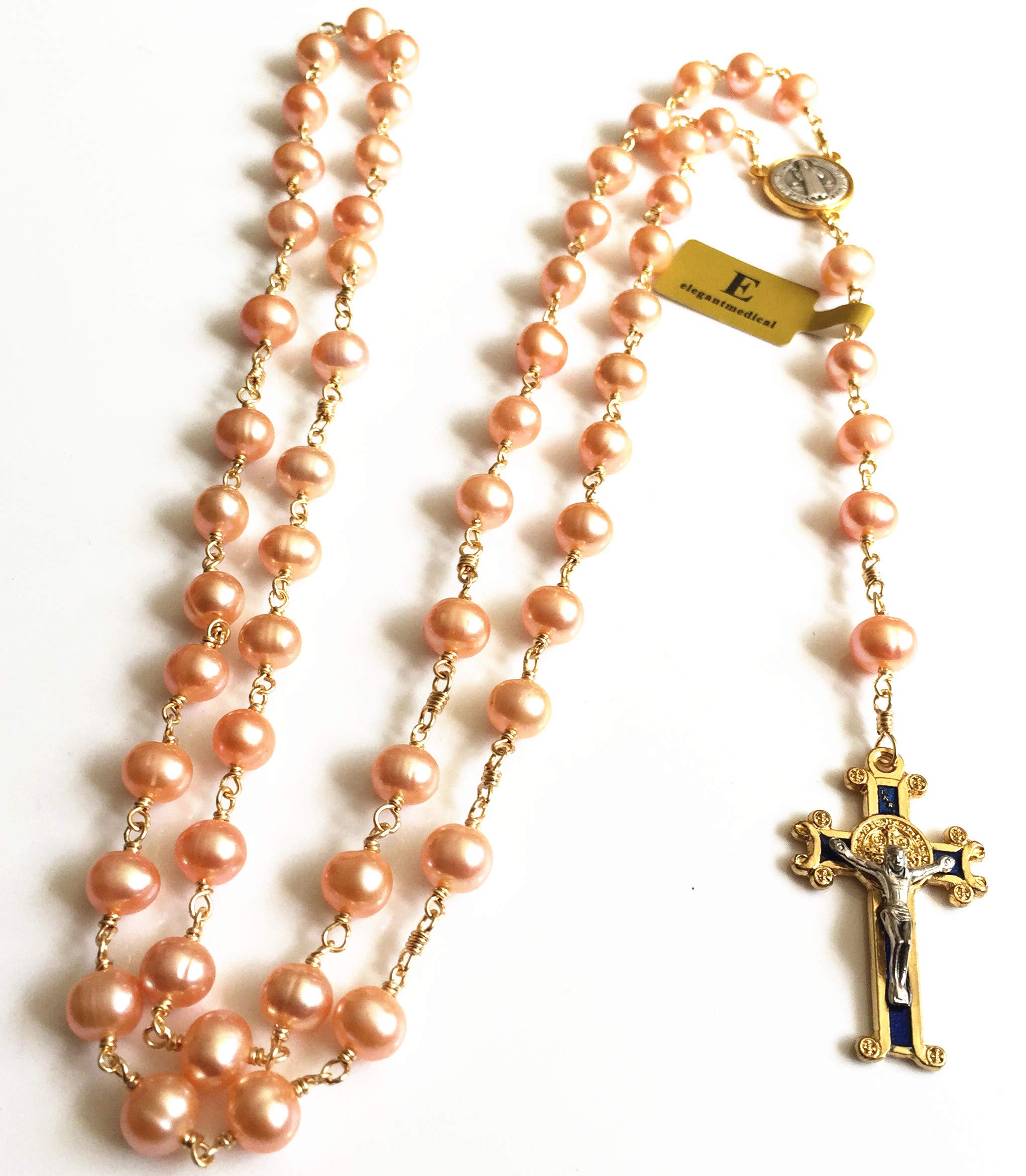 elegantmedical Pink 8mm Real Pearl BEADS St. Benedict GOLD ROSARY CROSS Necklace & box Catholic GIFTS