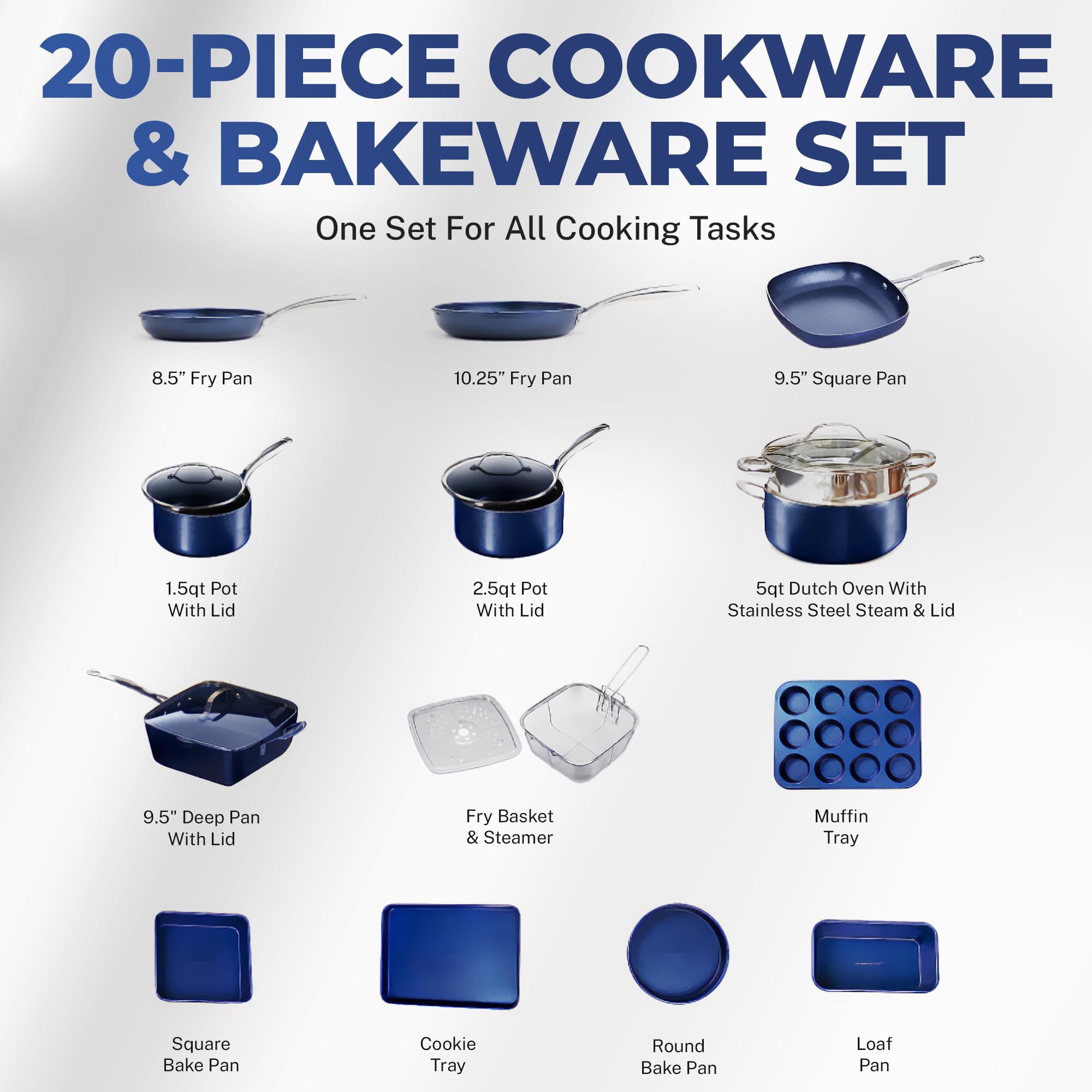 GRANITESTONE 20 Pc Kitchen Pots and Pans Set Non Stick Cookware Set, Kitchen Cookware Sets, Granite Nonstick Cookware Set, Diamond Coated Non Toxic Cookware Set, Oven & Dishwasher Safe - Blue