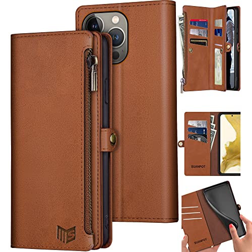 SUANPOT for iPhone 14 Pro Max Wallet case 【RFID Blocking】【9 Card Slot】【Pocket】,Credit Card Holder Flip Folio Book Zipper PU Leather Protective Cover Women Men for 14 ProMax Phone case Light Brown