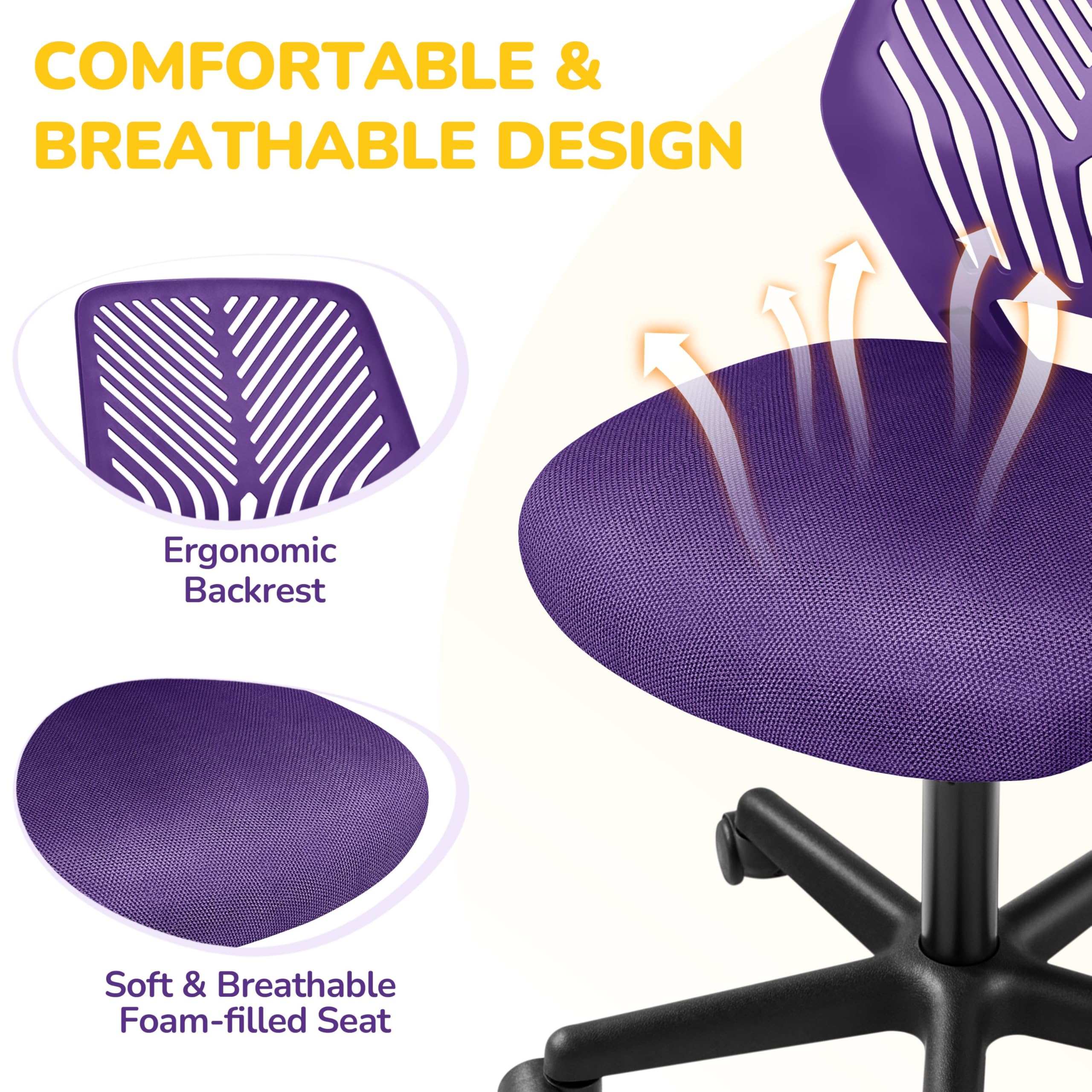 Yaheetech Students Cute Desk Chair Low-Back Armless Study Chair w/Lumbar Support Adjustable Swivel Chair in Home Bedroom School, Purple
