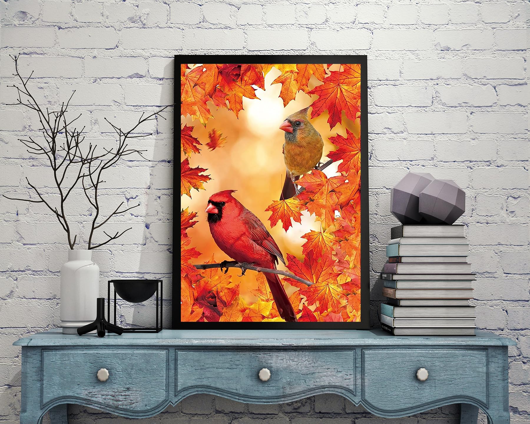 Fall Birds Diamond Painting Kits for Adults, Cardinal 5D Diamond Art Kits, DIY Maple Leaves Paint with Diamonds Kit, Full Drill Round Diamond Dots Autumn Gem Art for Home Wall Decor 12 x 16 Inch
