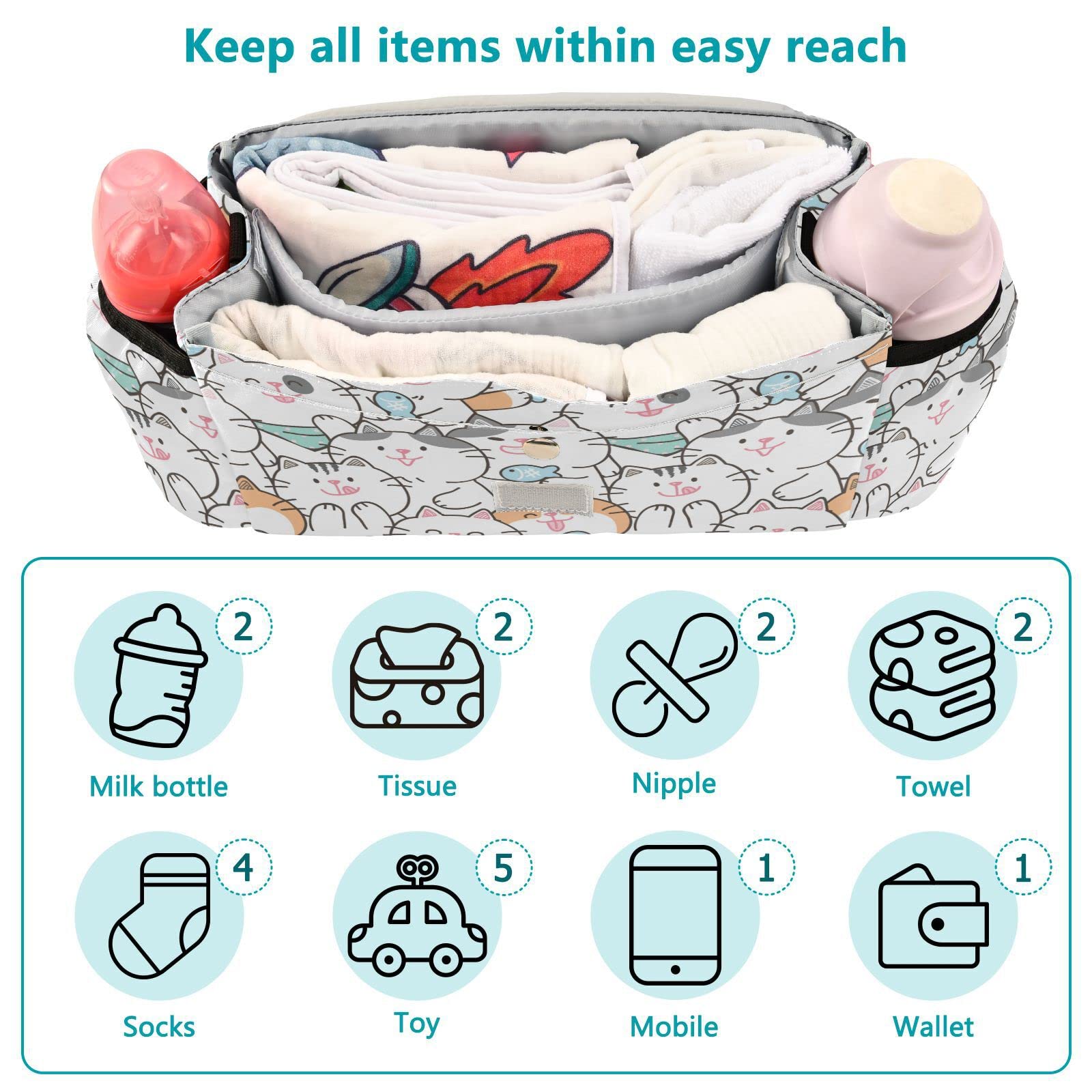 Kigai Cute Cartoon Cat Pattern Baby Stroller Organizer with Cup Holders, Secure Hooks Accessories Adjustable Strap Stroller Bag for Bottle, Diaper, Phone, Toys, Baby Items