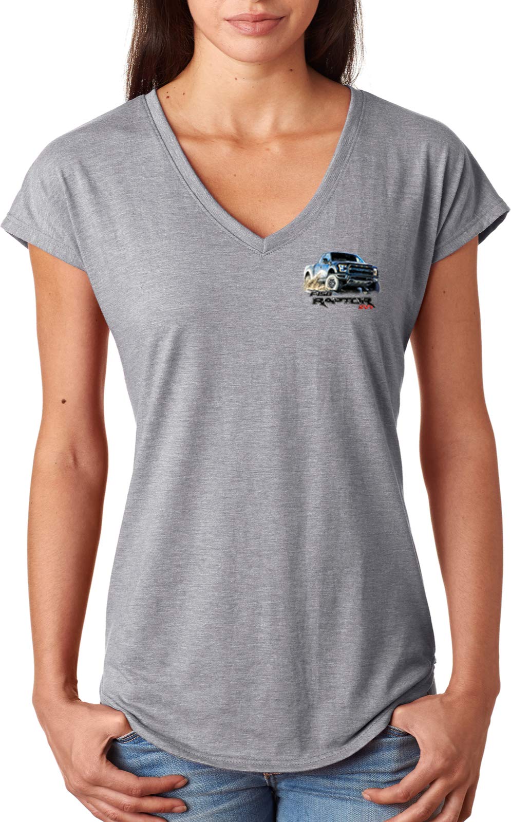 Ford F-150 Raptor Pocket Print Ladies Triblend V-Neck Shirt, Heather Grey Large