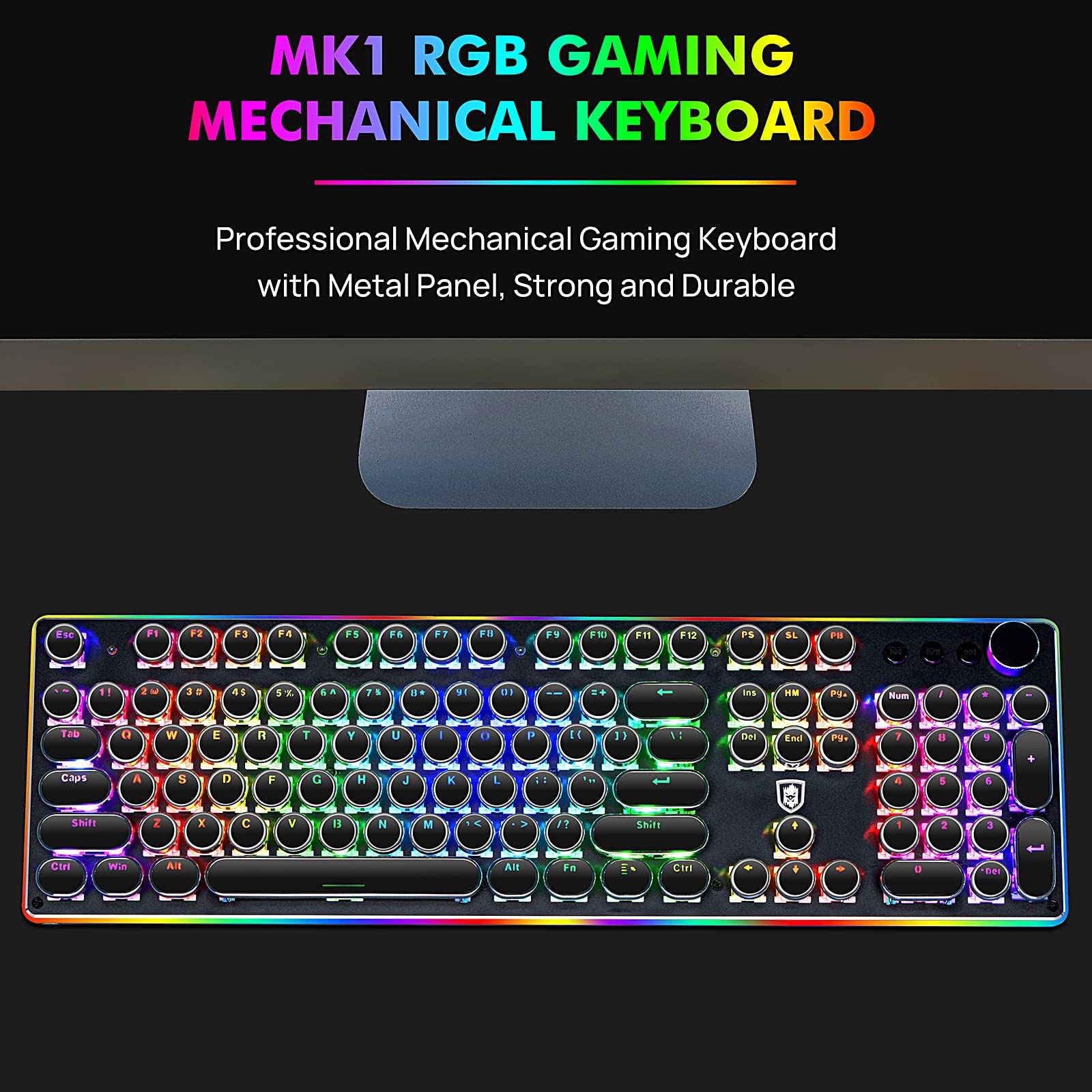 KOLMAX HUNTER Typewriter Style Mechanical Gaming Keyboard,RGB Backlit Wired Gaming Keyboard with Blue Switch Retro Steampunk Round 104 Anti-ghosting Retro Round Keycaps for Windows/Mac/PC