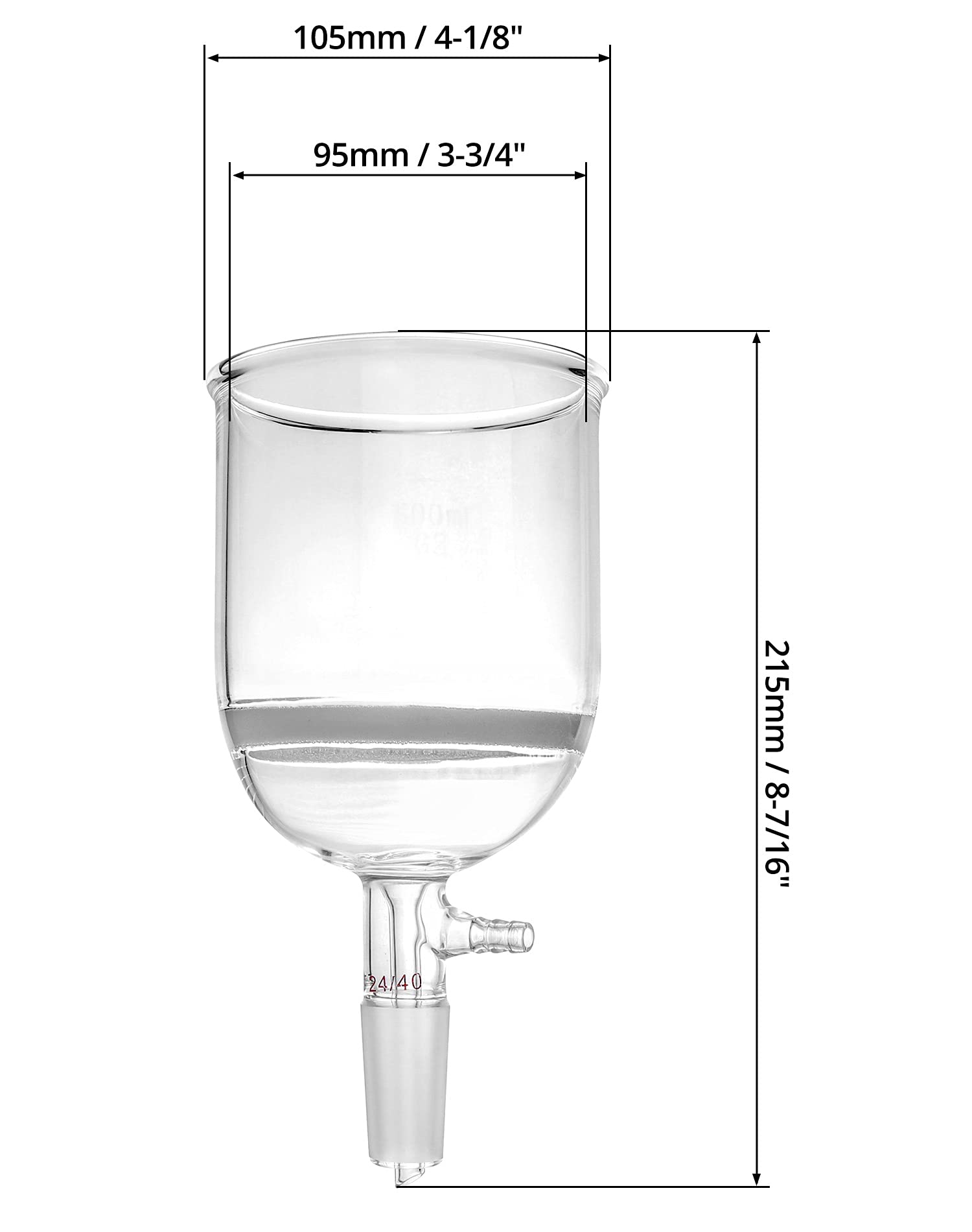 QWORK 500ml Filtering Buchner Funnel Medium Frit (G2) Lab Glassware with Standard 24/40 Joint and Vacuum Serrated Tubulation, 94mm I.D, 100mm Depth