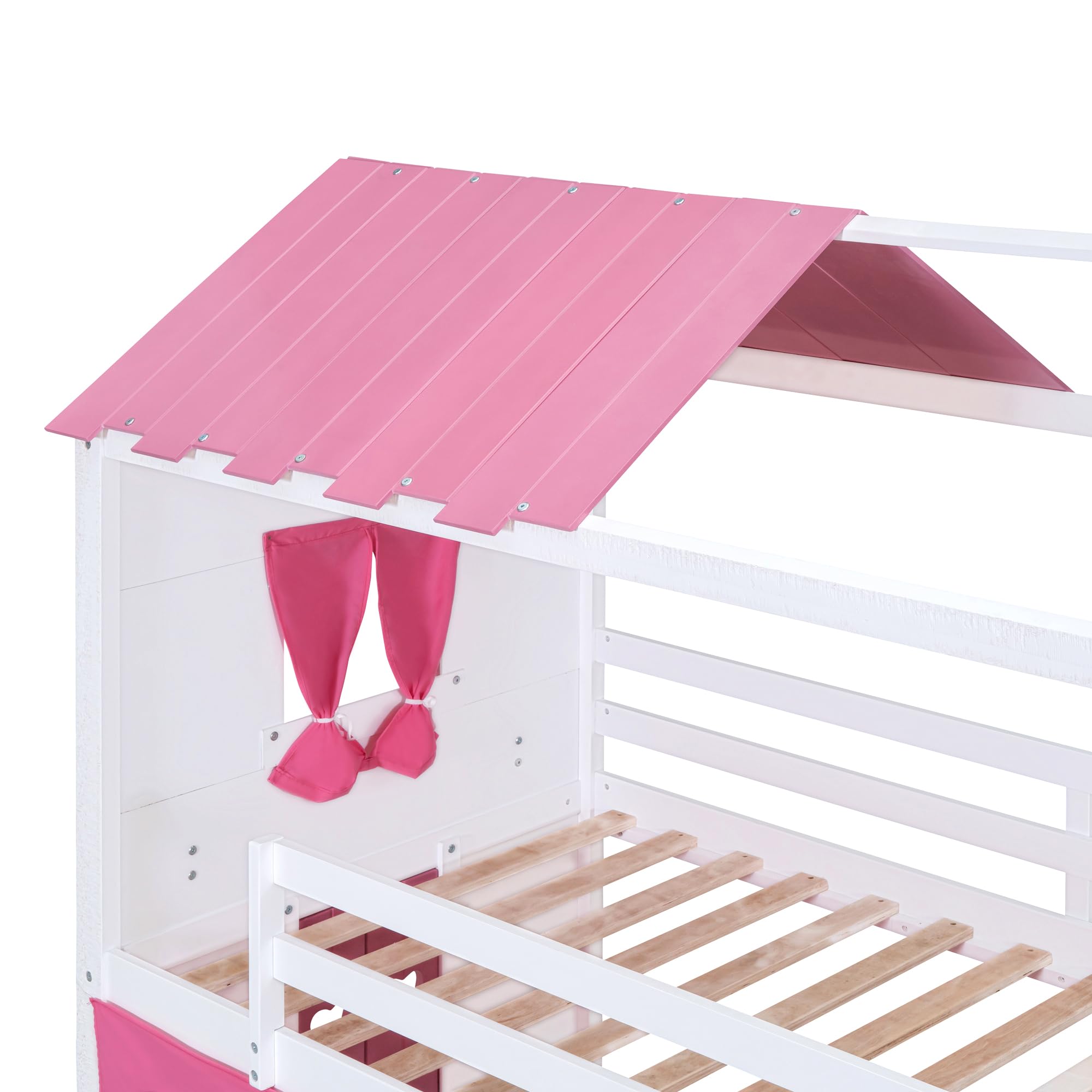 SOFTSEA Full Over Full Bunk Bed Frame, Floor Low Bunk Bed with Tent and Windows Sills, Wood Bunk Bed Frame with Slide Ladder and Guardrails, Full Size House Shaped Bunk Bed for Kids, Pink