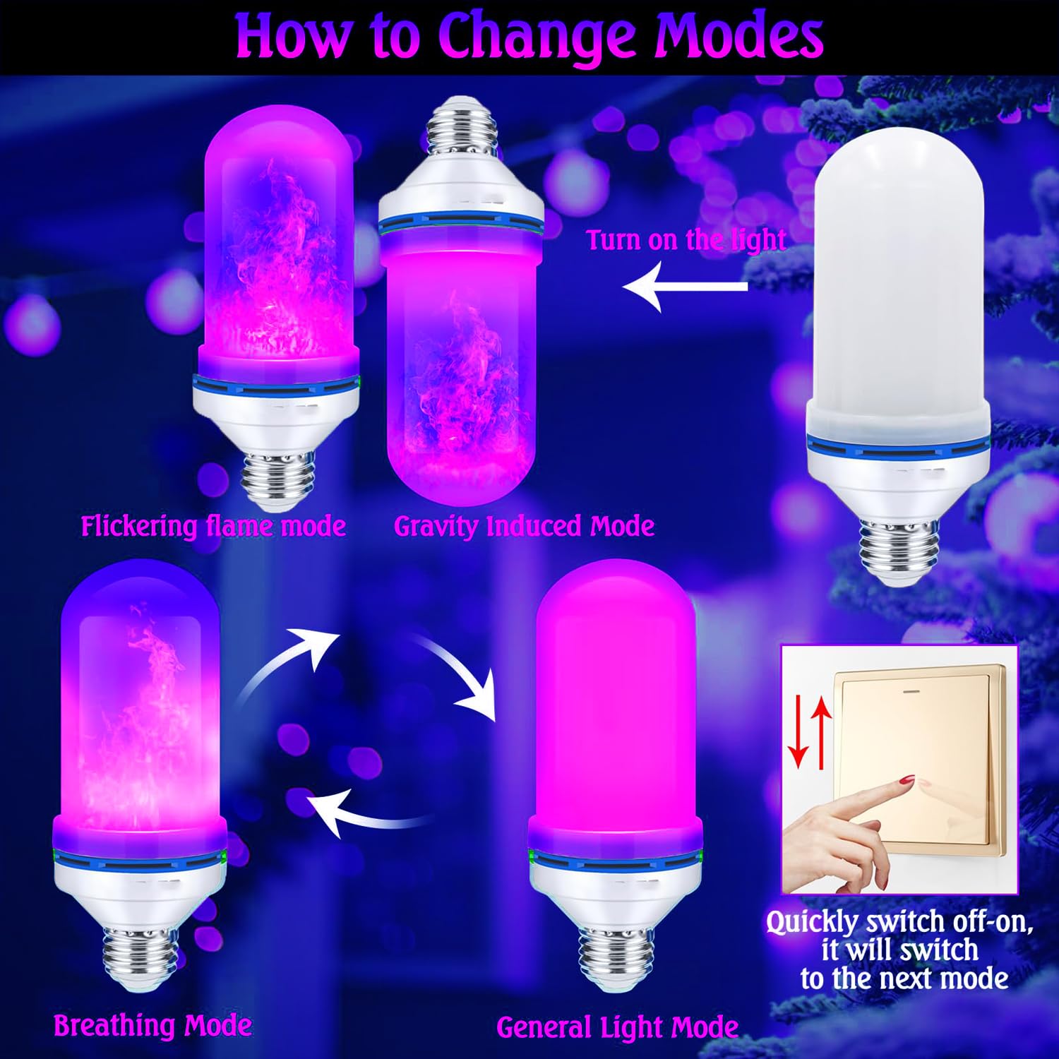 LeiNetfor Upgraded LED Flame Light Bulbs, 4-Mode Flickering Light Bulbs with Gravity Sensor, E26 Fire Light Bulb for Porch Party Patio Home Halloween Christmas Indoor Outdoor (Purple, 1)