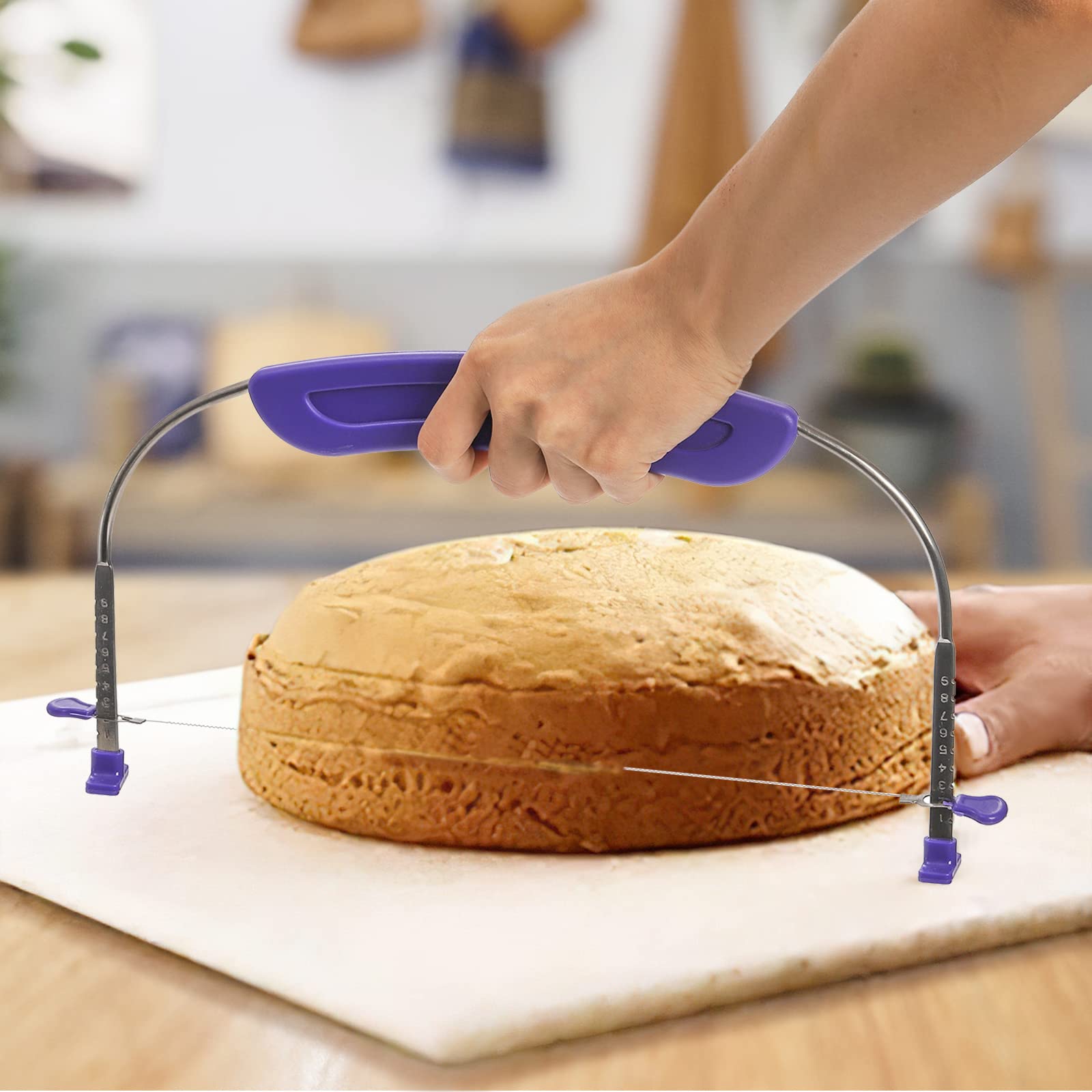 Nicunom 6 Pcs Professional Kitchen Baking Tools, 11" Adjustable Cake Leveler Cutter, 12" Double Wire Cake Slicer, 12" Stainless Steel Bread/Cake Knife with Wood Handle