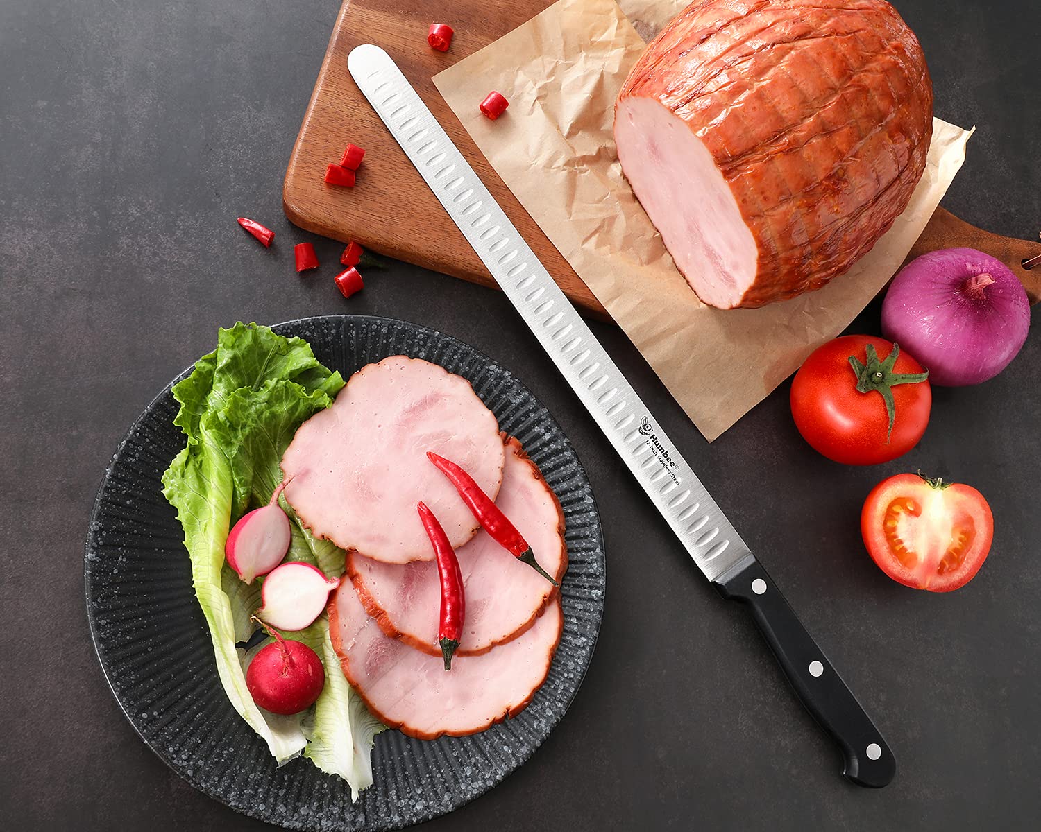 Humbee 12 inch Carving Knife Razor Sharp Blade with Granton Edge for Cutting Smoked Brisket, BBQ Meat, Turkey,Black