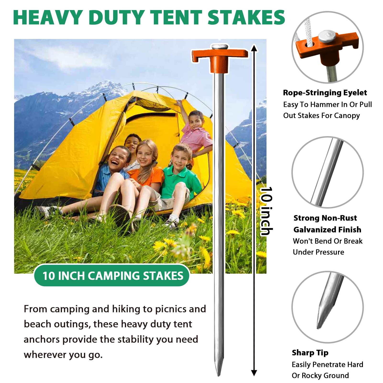 Eurmax USA Galvanized Non-Rust Camping Family Tent Pop Up Tent Stakes Canopy Anchors Heavy Duty 10pc-Pack, with 4x10ft Ropes & 1 Orange Stopper