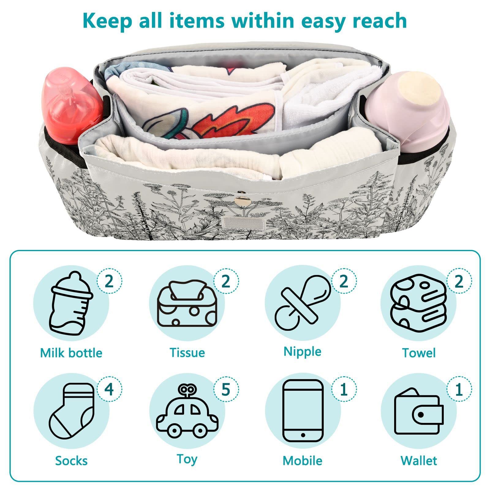 Kigai Herbs Wildflowers Baby Stroller Organizer with Cup Holders, Secure Hooks Accessories Adjustable Strap Stroller Bag for Bottle, Diaper, Phone, Toys, Baby Items