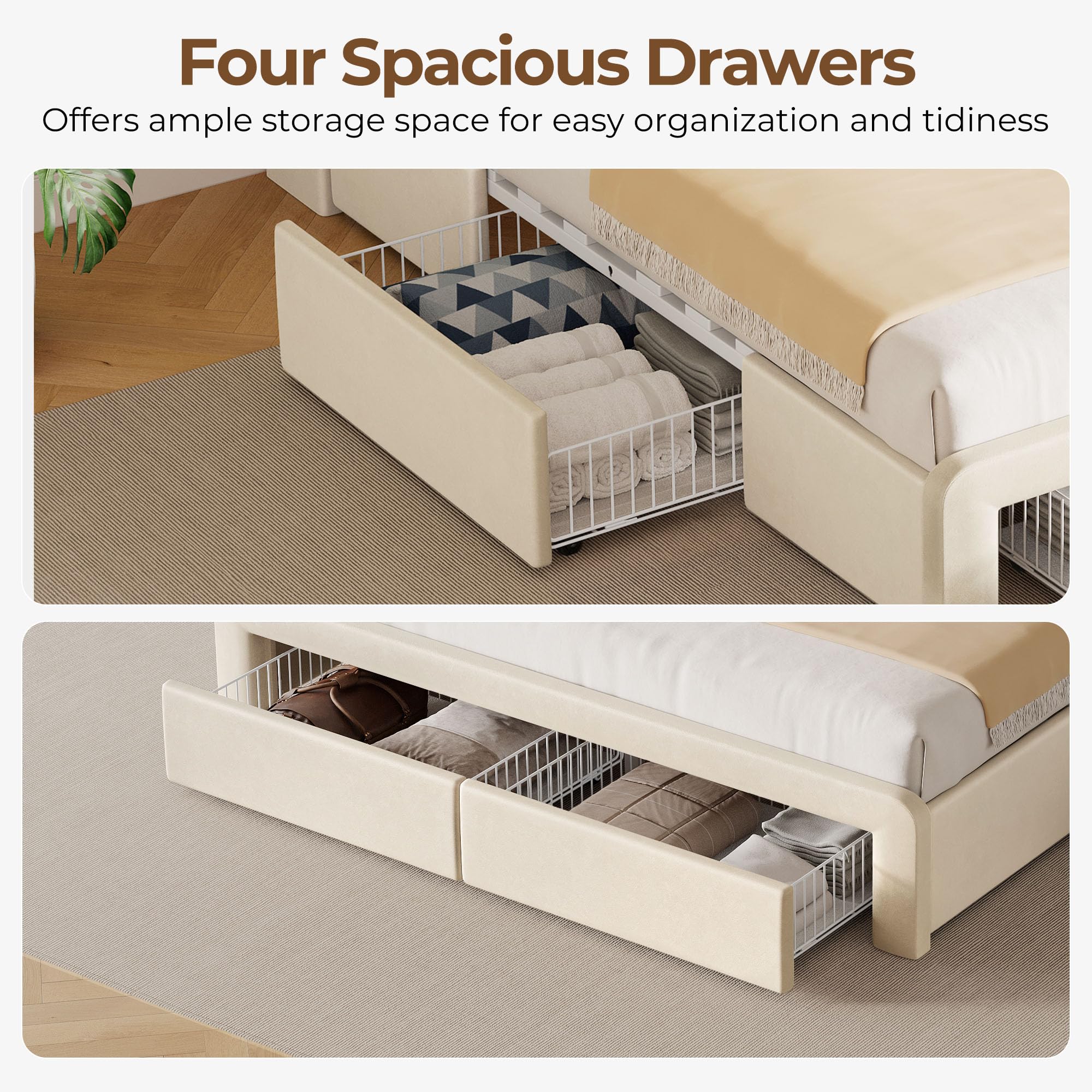 Seventable Full Size Bed Frame with 4 Storage Drawers & Charging Station, Upholstered Platform Bed with Storage Headboard and LED Light, No Box Spring Needed, Noise Free, Easy Assembly, Cream White