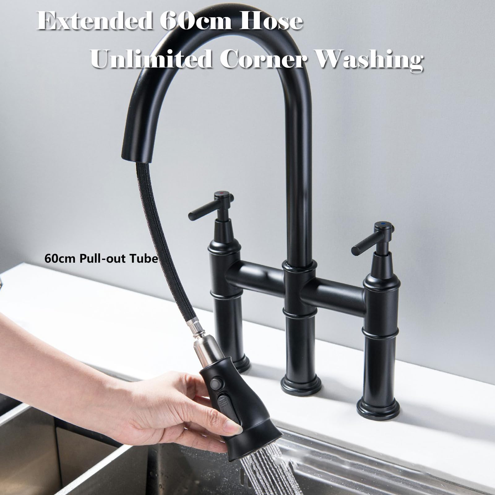 Kitchen Faucet with Pull Down Sprayer, Kitchen Sink Faucet 360° Swivel, 2 Handle Kitchen Faucet 3 Holes, Stainless Steel Kitchen Faucet Gold