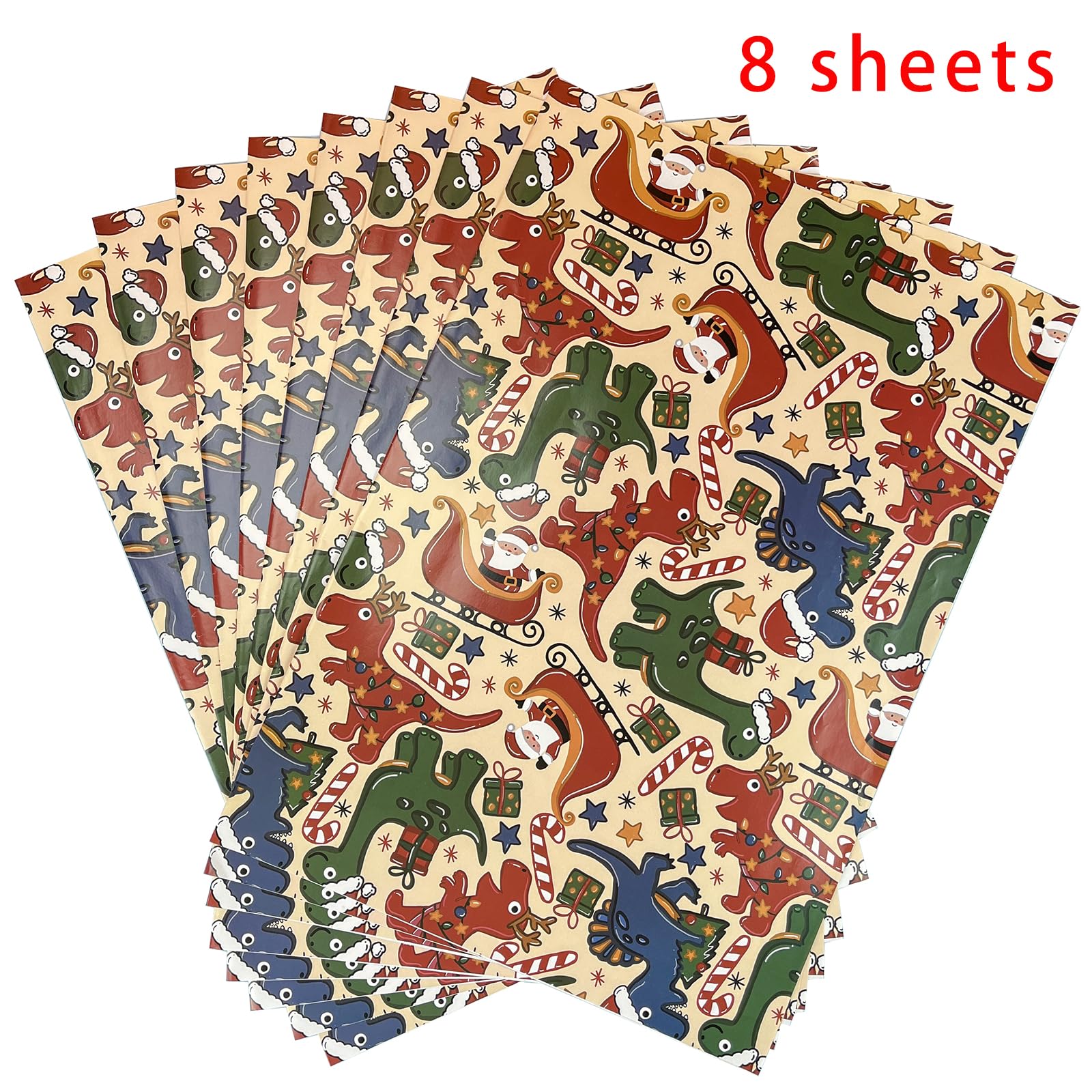 Dtiafu Dinosaur Wrapping Paper For Boys Girls Kids - 8 Sheets Dino Christmas Gift Wrap with Santa Candy Cane Joy for Birthday Wedding Holiday - Cute Cream Wrapping Paper - 20 x 28 Inch Per Sheet…