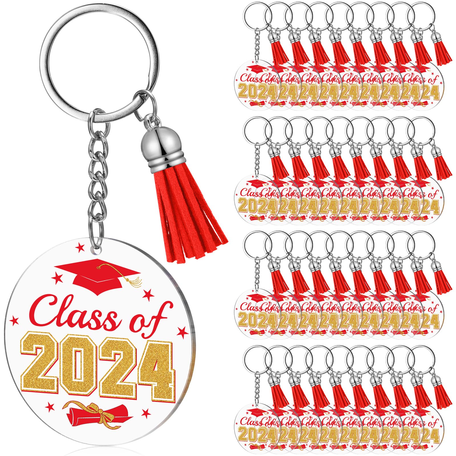 Kigeli 30 Pcs Class of 2024 Graduation Keychains Gifts Acrylic Keychains with Tassel for College High School(Red)