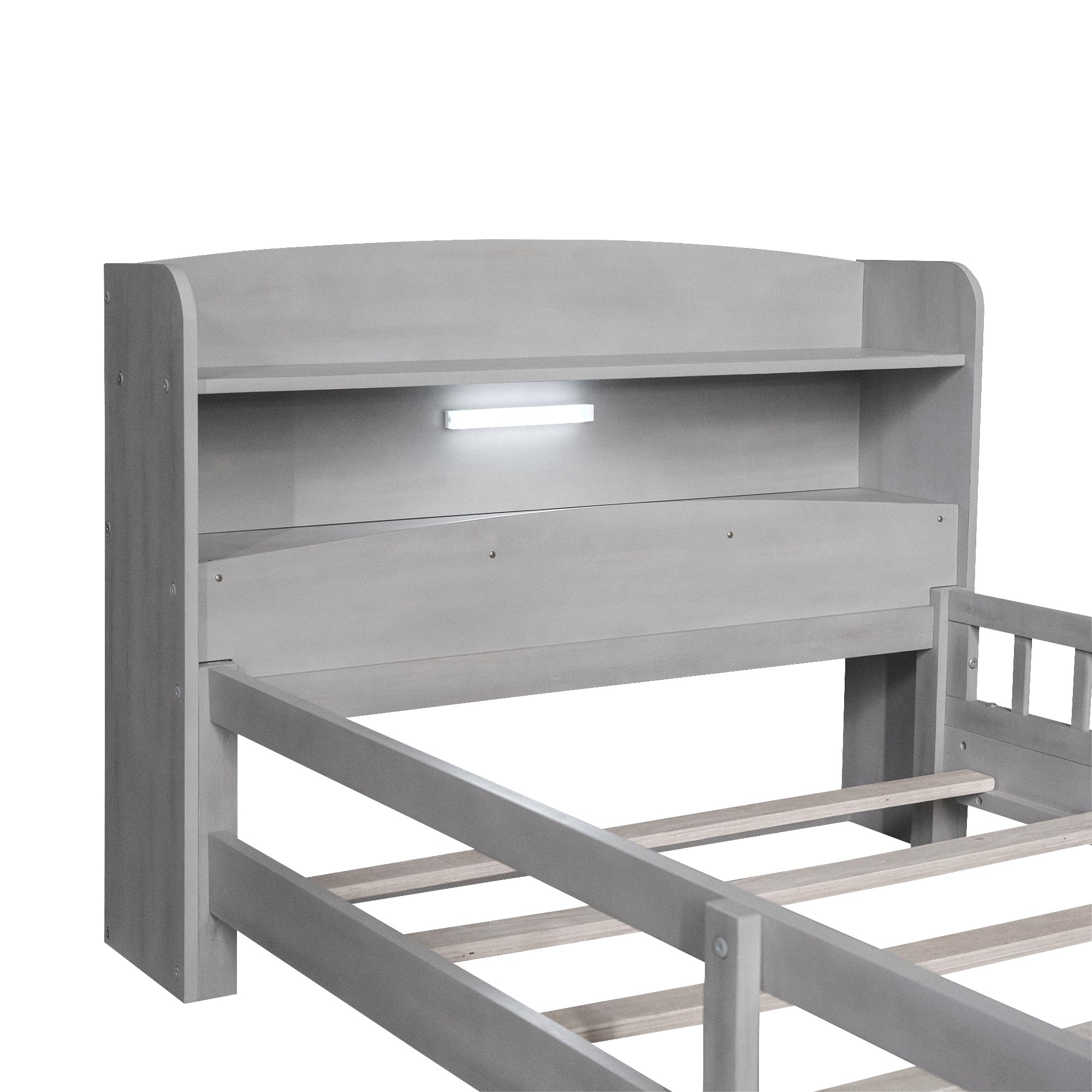SOFTSEA Twin Size Platform Bed with Storage Headboard and LED Light, Wood Bed Frame with Fence Guardrails for Kids, Kids Twin Bed Frame, No Box Spring Needed, Gray