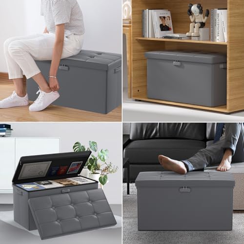 ENGPOW Storage Ottoman Bench,Fireproof Folding Storage Bench with Lock,30 Inches Fire&Water Resistant Storage Chest Foot Rest Stool Leather Bedroom Bench with Storage Safe for Document,Valuables,Grey
