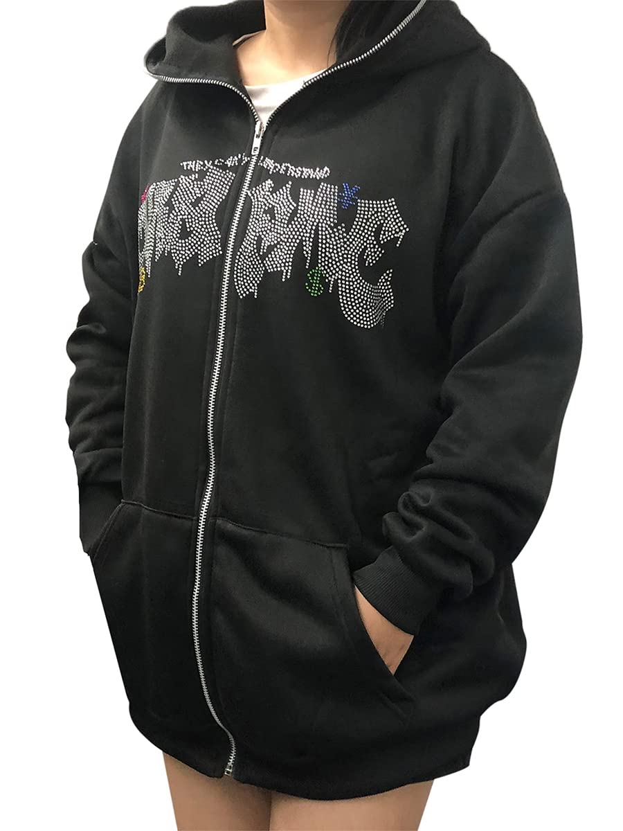 Faretumiya Women Men Rhinestone Hoodie Y2k Graphic Zip Up Unisex Sweatshirt Sparekly Oversized Pullover Jacket Streetwear(black two,Medium)