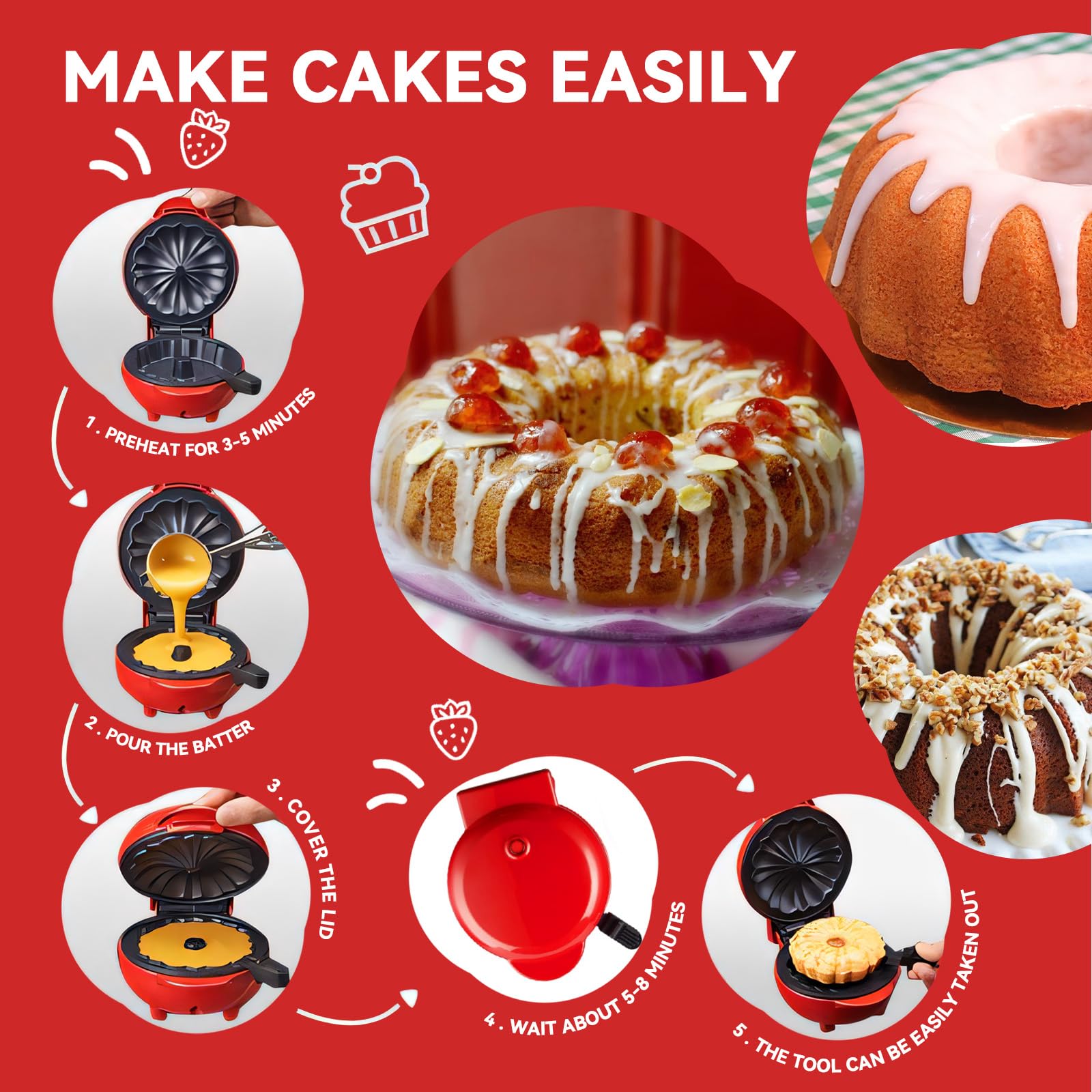 Mini Cake Maker, Portable Mini Bundt Cake Maker Double-Sided Heating, electric cupcake makers for Breakfast, Cake, Snacks (Red)