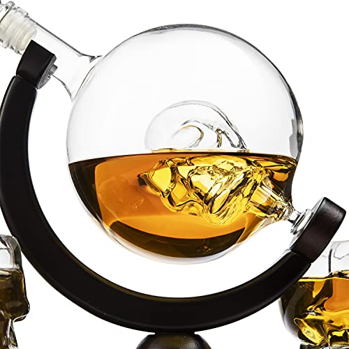 Skull King Skeleton Wine & Whiskey Globe Decanter Set 850 mL With 4 Skull Head 3oz Skeletons Shot Glasses + Mahogany Wooden Base Decor Glass, Goth Spooky Drinking Glassware The Wine Savant