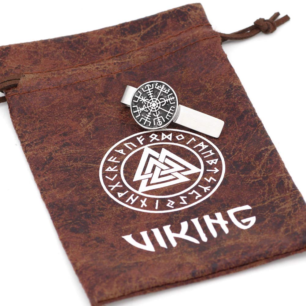 GuoShuang Stainless steel Nordic Viking rune compass amulet Tie Clips small size with valknut gift bag