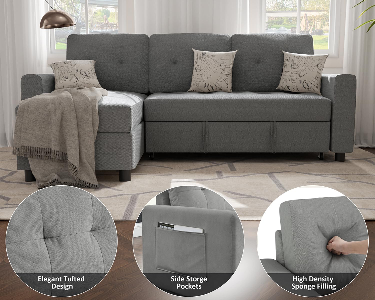 Ucloveria Sectional Sofa Couch, Sleeper Sofa Bed with Reversible Storage Chaise Pull Out Couch Bed for Living Room L-Shape Lounge 2 in 1 Futon Sofa with Side Storage Bag, Grey