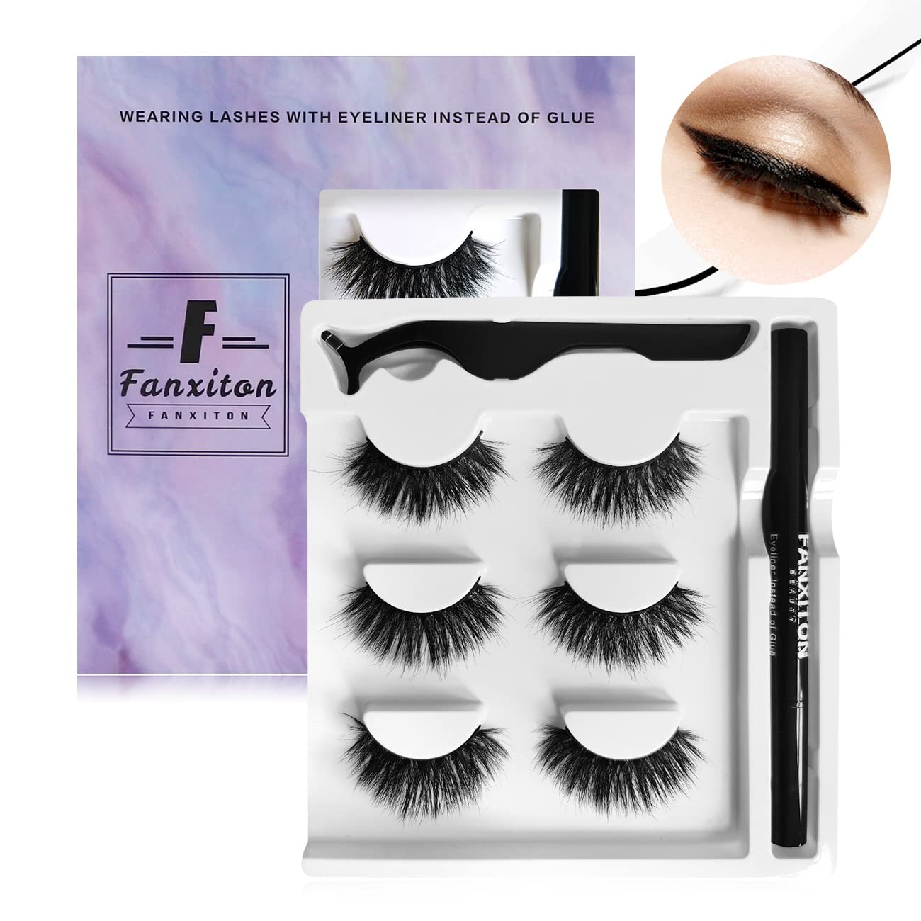 False Eyelashes with Eyeliner Kit, FANXITON 3 Pairs Faux Fluffy Mink Eyelashes with Eyeliner - Strong Hold for Lashes - No Magnet and No Glue Needed