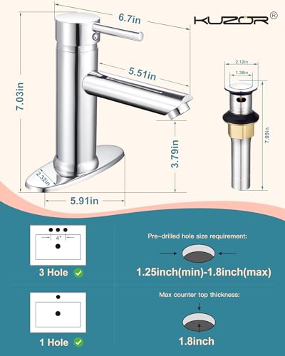 KUZOR Bathroom Faucets 1 or 3 Hole Single Handle Bathroom Sink Faucet Solid Brass Chrome Bathroom Faucet with Optional Deck Plate 4 Inch Centerset Pop Up Drain and Water Supply Hoses Included