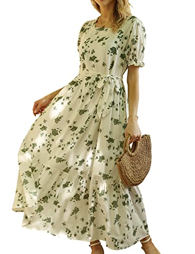 YESNO Women's 2023 Summer Casual Square Neck Floral Dress Ruffle Puff Short Sleeve Belted Maxi Dress with Pockets L E16 CR355