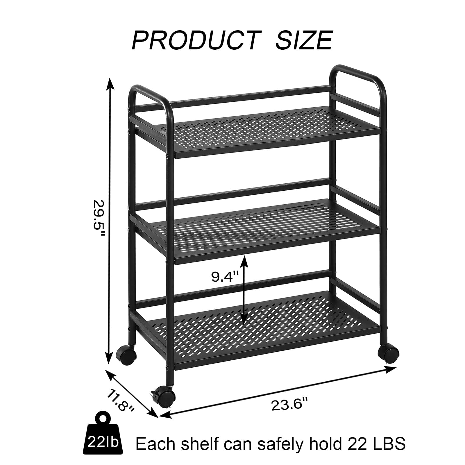 GYCZYCX 3-Tier Mesh Metal Rolling Cart,Multipurpose Heavy Duty Cart,Multipurpose Storage Rack,Utility Cart,High Capacity Cart with Locking Wheels (Black)