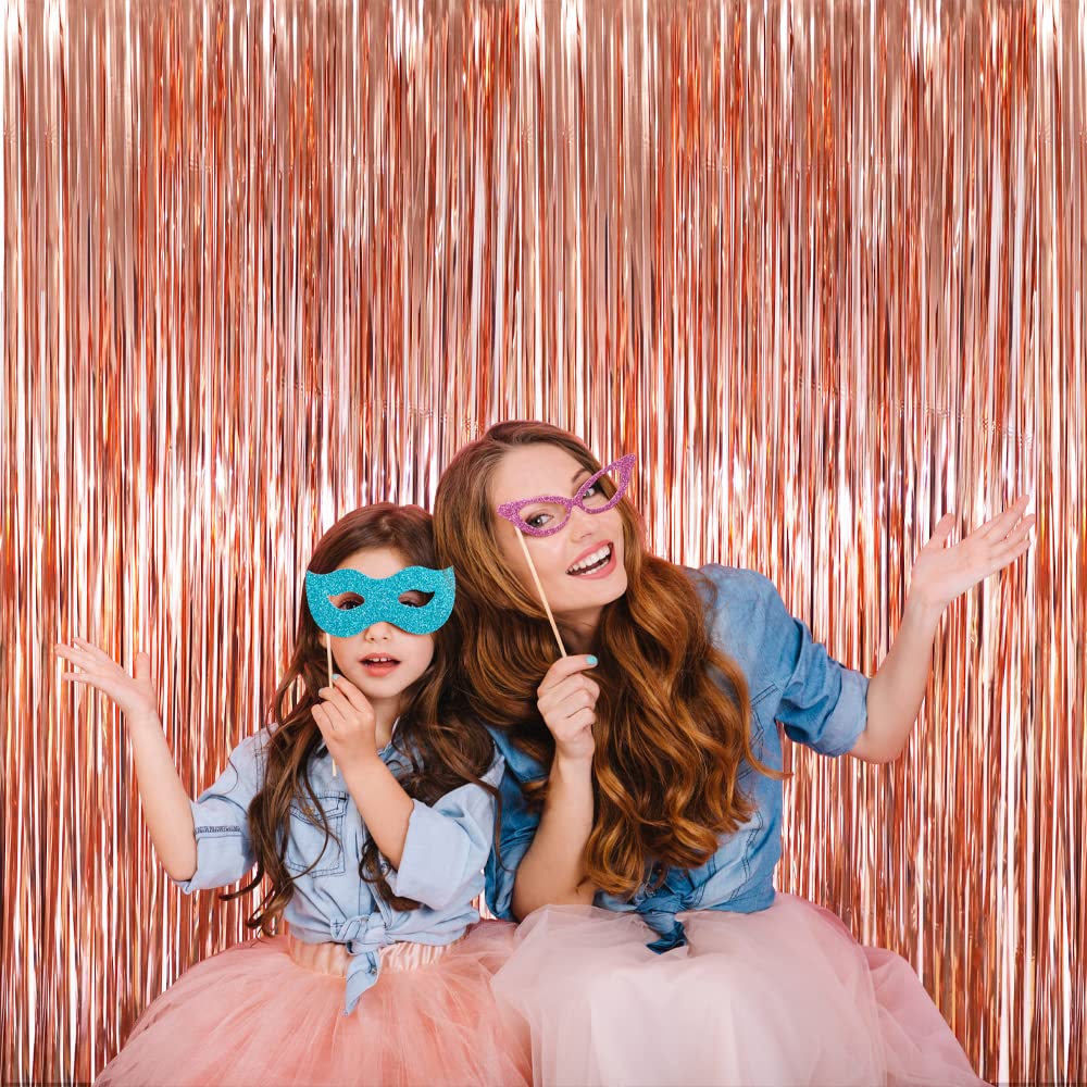 GOER 6.4 ft x 9.8 ft Metallic Tinsel Foil Fringe Curtains,Pack of 2 Party Streamer Backdrop for Birthday,Graduation Decorations and New Year Eve (Rose Gold)