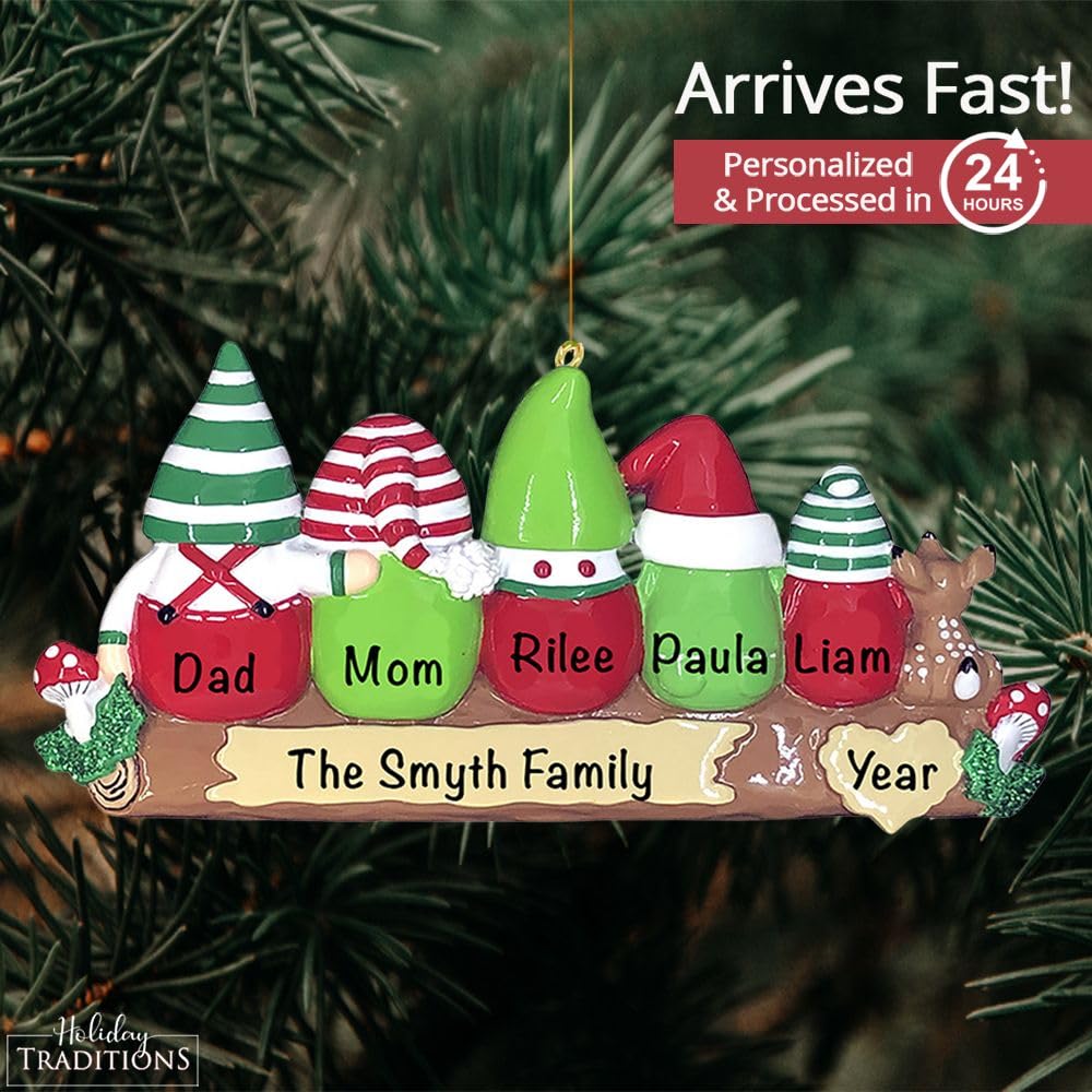 Family Personalized Christmas Ornaments 2023 - Fast & Free 24h Customization β Gnomes Family of 5 Christmas Decorations with Name - Comes Gift-Wrapped - Precious Moments